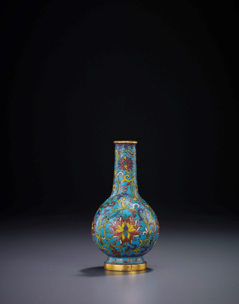 A SMALL CLOISONNE ENAMEL BOTTLE VASE , QIANLONG INCISED FOUR-CHARACTER ...
