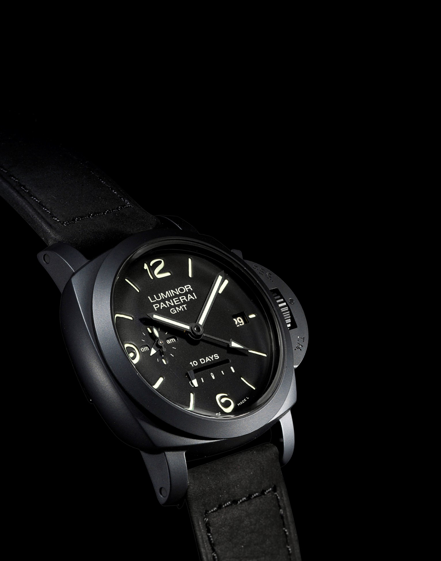 PANERAI. A RARE BLACK CERAMIC LIMITED EDITION CUSHION-SHAPED AUTOMATIC ...