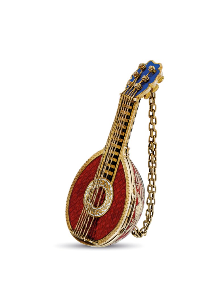 SWISS. A GOLD AND ENAMEL KEYWOUND VERGE WATCH IN THE FORM OF A MANDOLIN ...