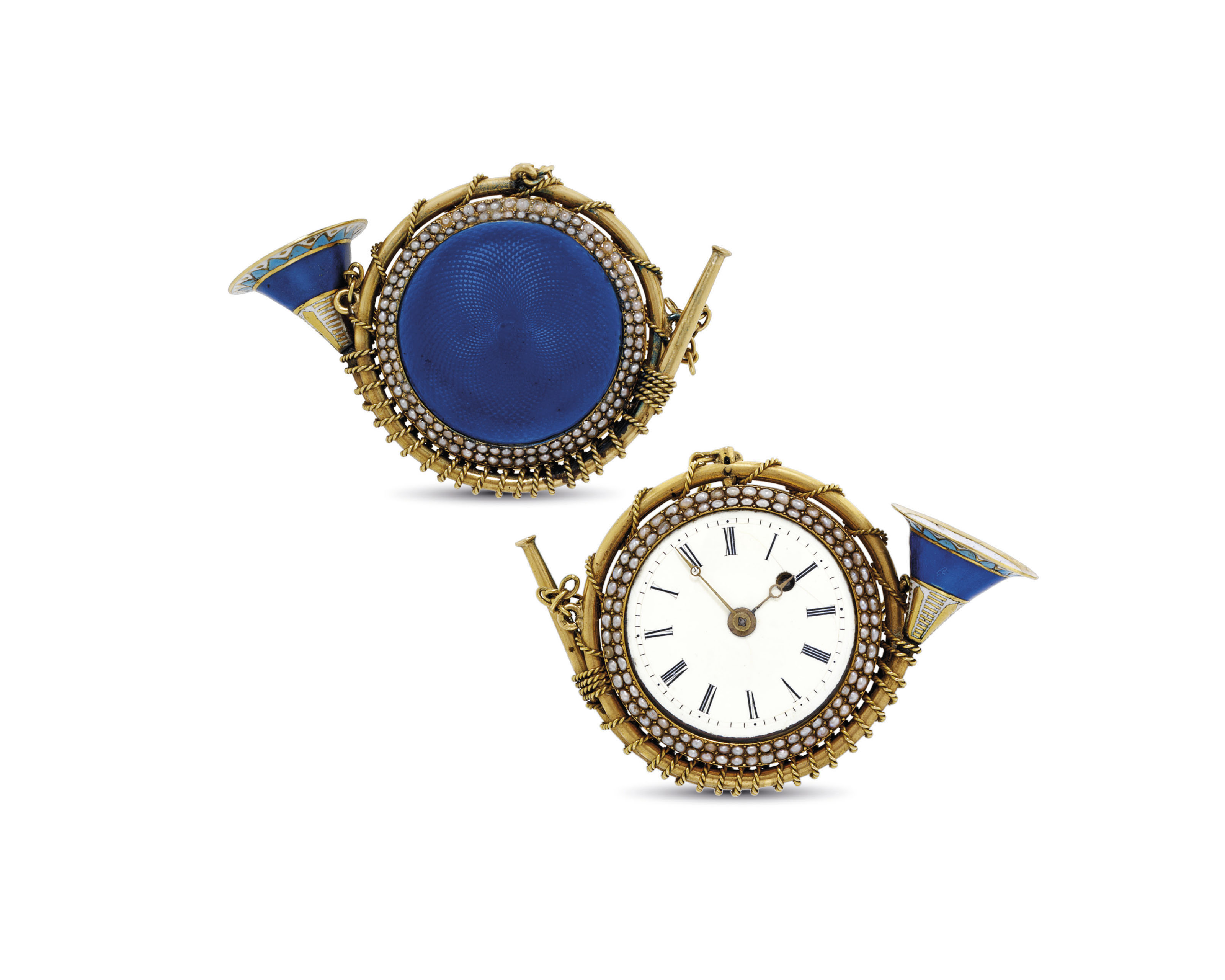 LE ROY. A RARE AND UNUSUAL GOLD, ENAMEL, PEARL AND DIAMOND-SET KEYWOUND ...