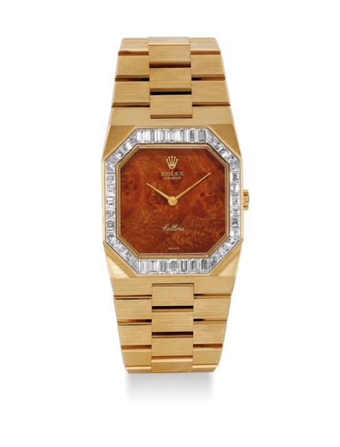 ROLEX. A RARE 18K GOLD AND DIAMOND-SET RECTANGULAR BRACELET WATCH WITH ...