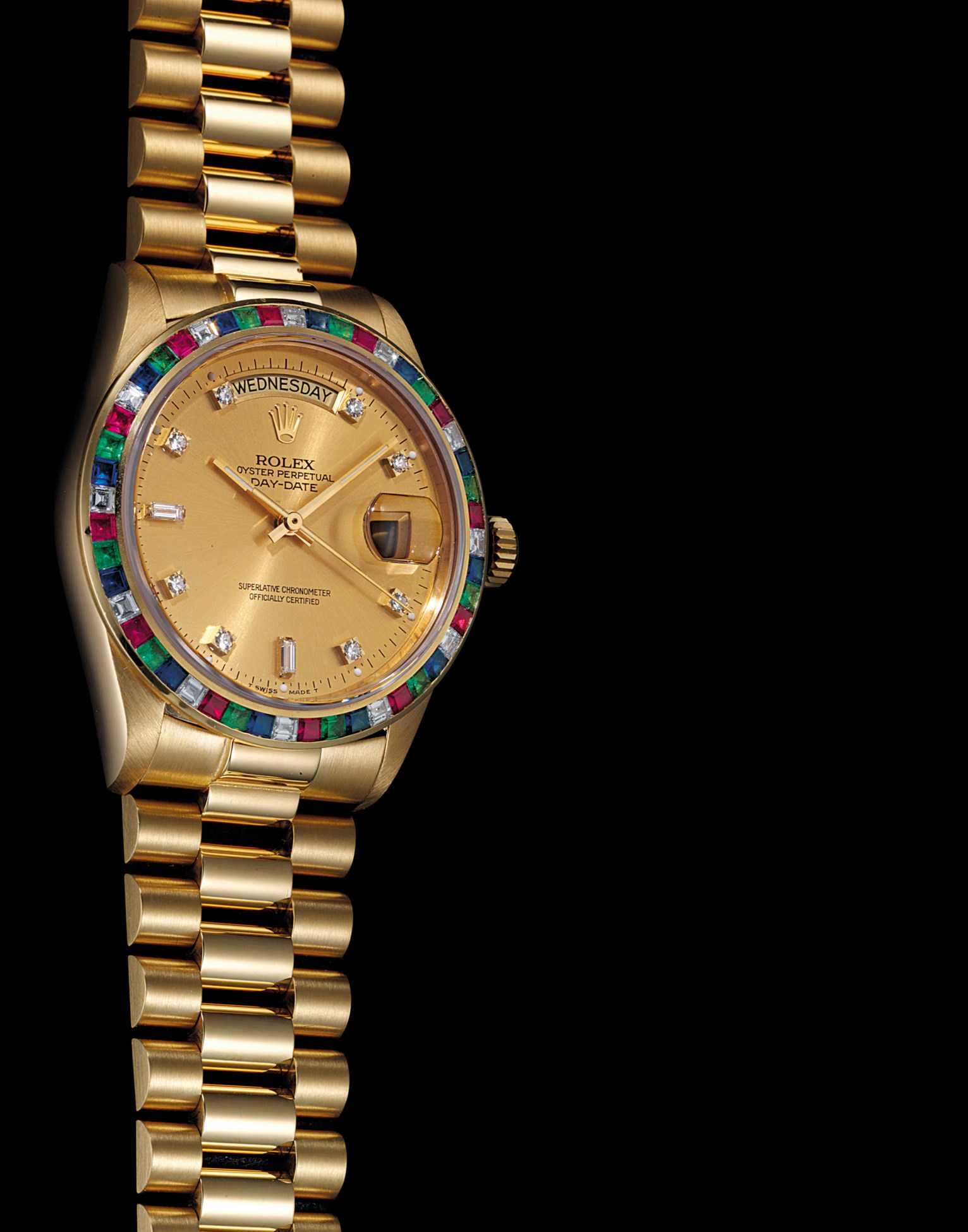 ROLEX. A FINE AND RARE 18K GOLD, DIAMOND AND GEM-SET AUTOMATIC ...