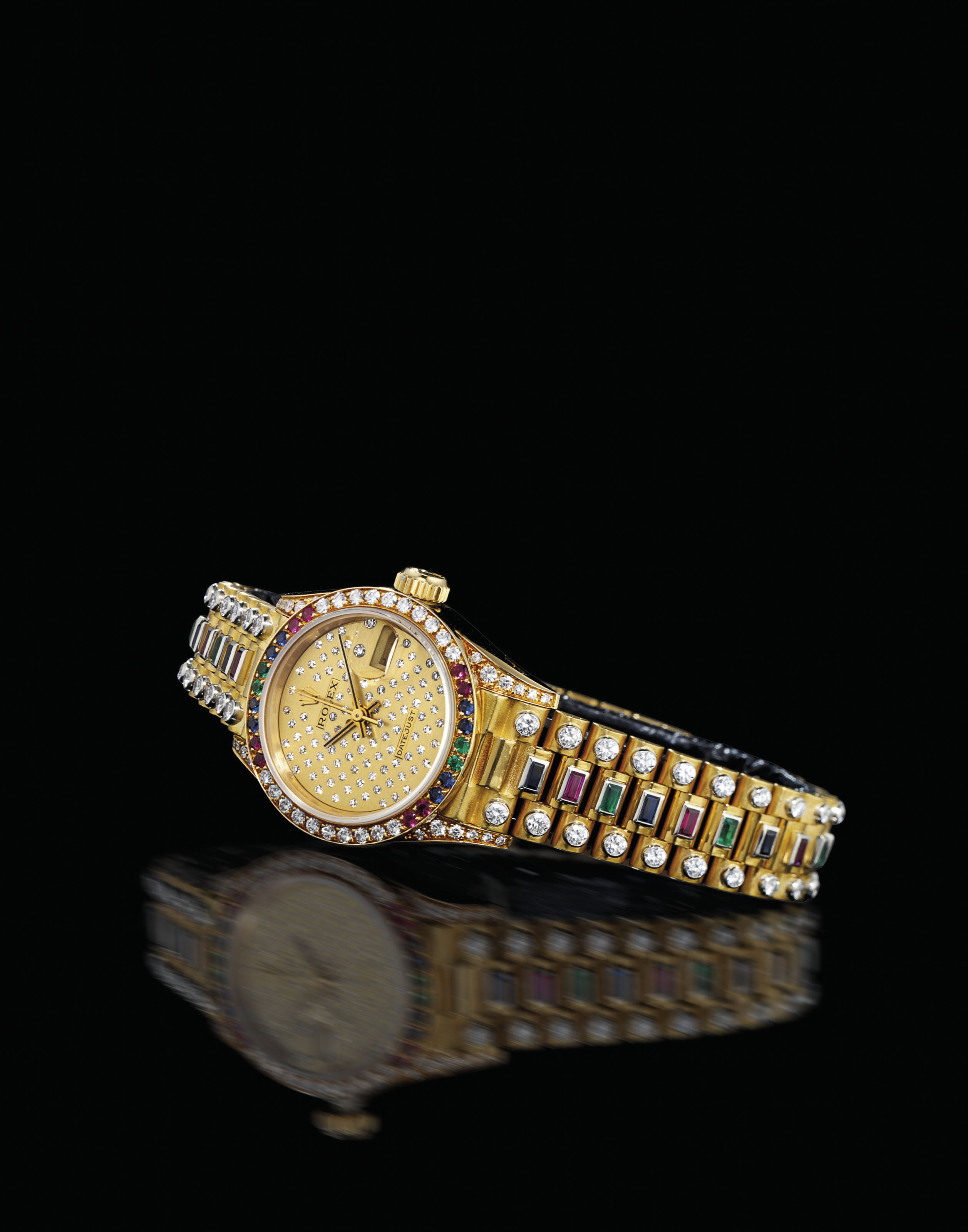ROLEX. A LADY'S FINE AND RARE 18K GOLD, DIAMOND AND GEM SET AUTOMATIC ...