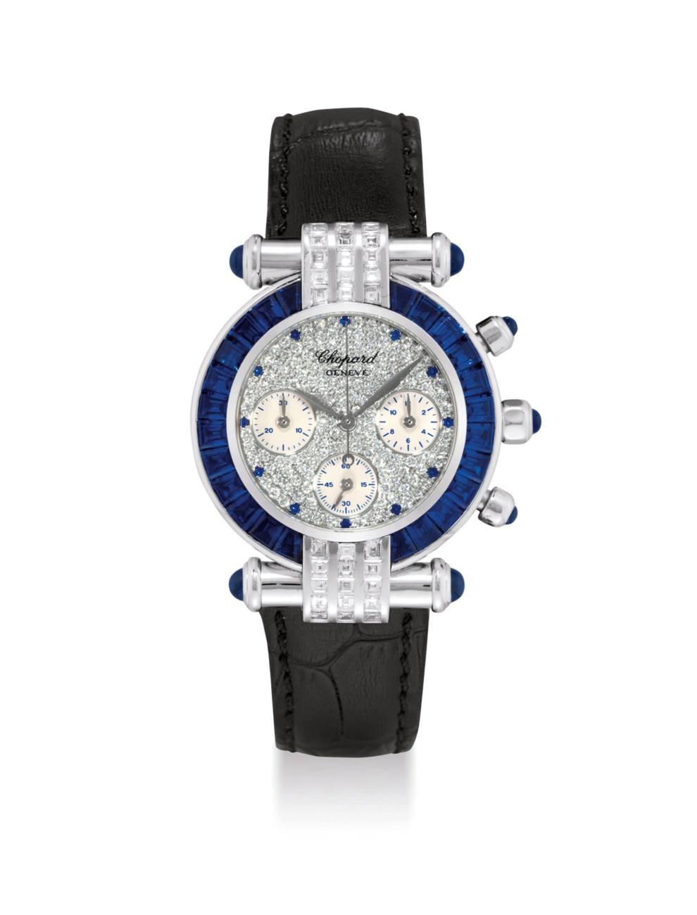 CHOPARD. A FINE 18K WHITE GOLD, SAPPHIRE AND DIAMOND-SET CHRONOGRAPH ...