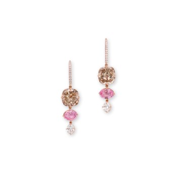 A PAIR OF COLOURED DIAMOND, PADPARADSCHA SAPPHIRE AND DIAMOND EAR ...