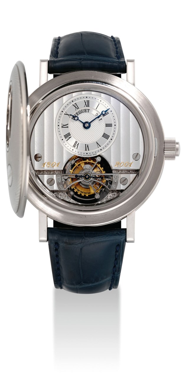 BREGUET. A FINE AND RARE 18K WHITE GOLD HALF HUNTER CASE TOURBILLON ...