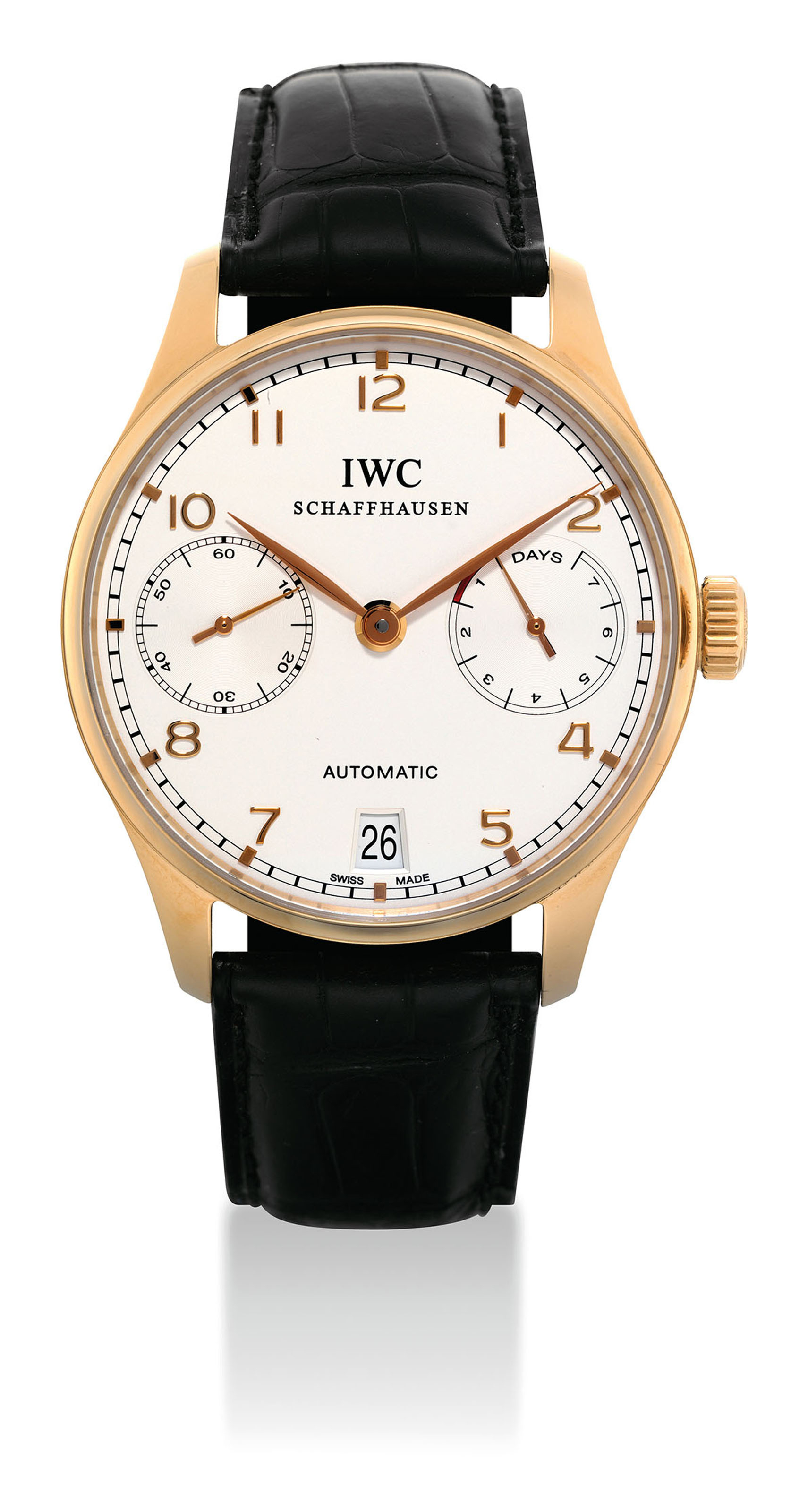 IWC. A FINE 18K PINK GOLD AUTOMATIC WRISTWATCH WITH 7 DAYS POWER ...
