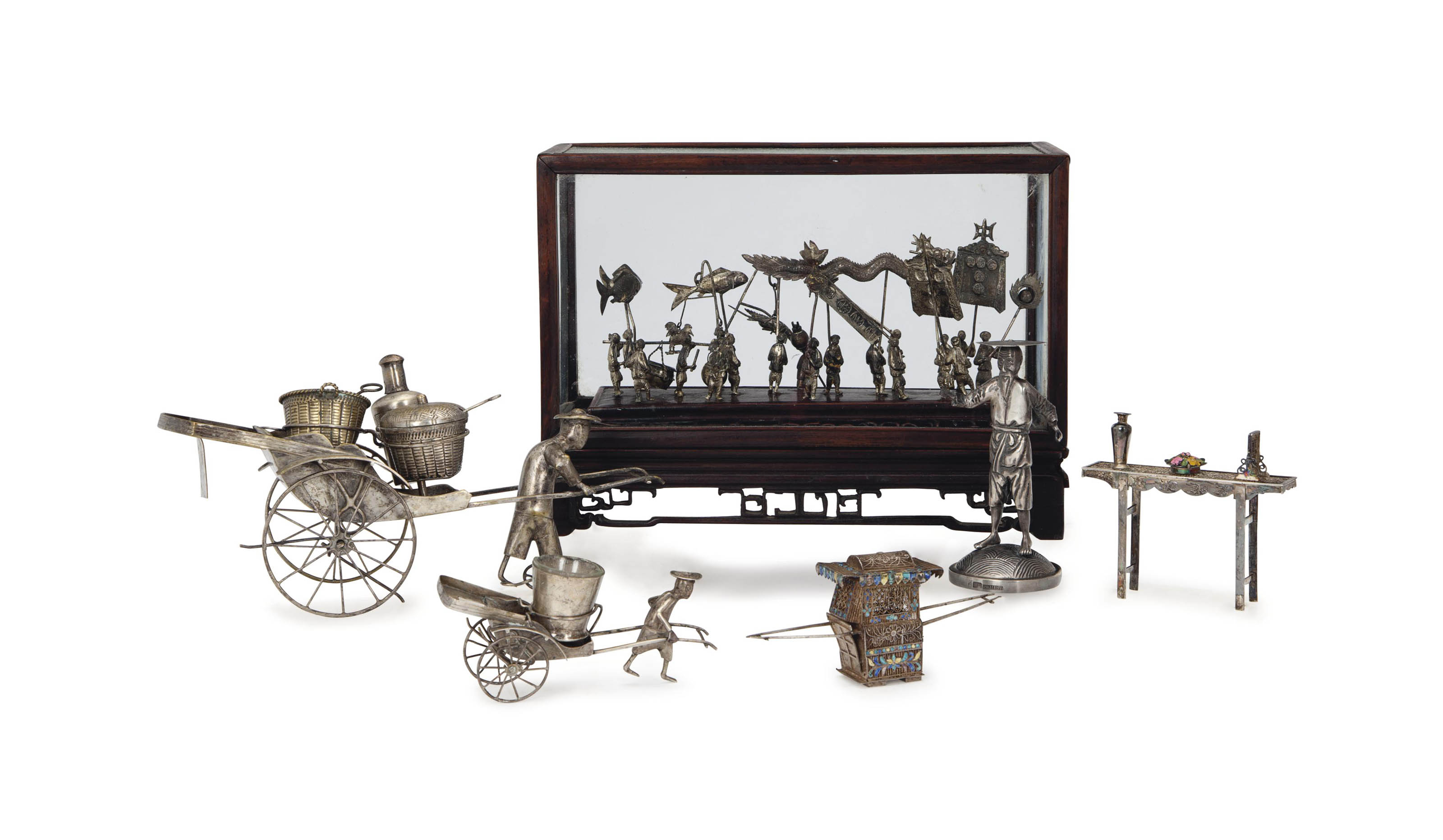 TWO CHINESE EXPORT SILVER MODELS OF PROCESSIONS,