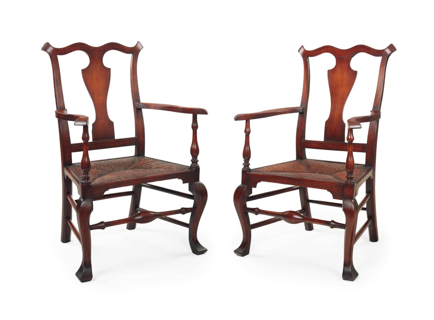 A PAIR OF QUEEN ANNE MAPLE RUSH-SEAT ARMCHAIRS , ATTRIBUTED TO THE SHOP ...