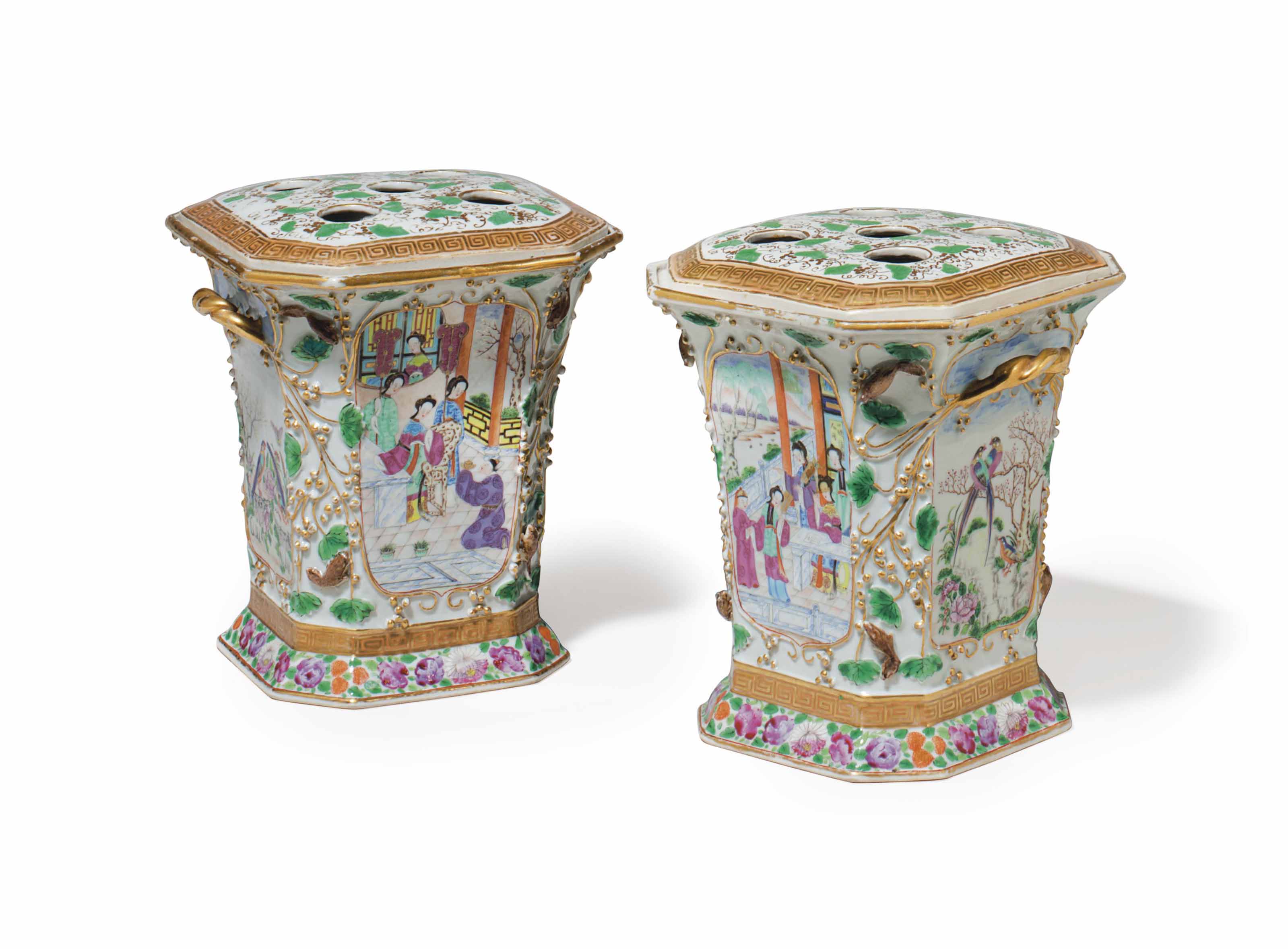 A CHINESE EXPORT 'CANTON FAMILLE ROSE' FIVE-PIECE MANTEL GARNITURE ...