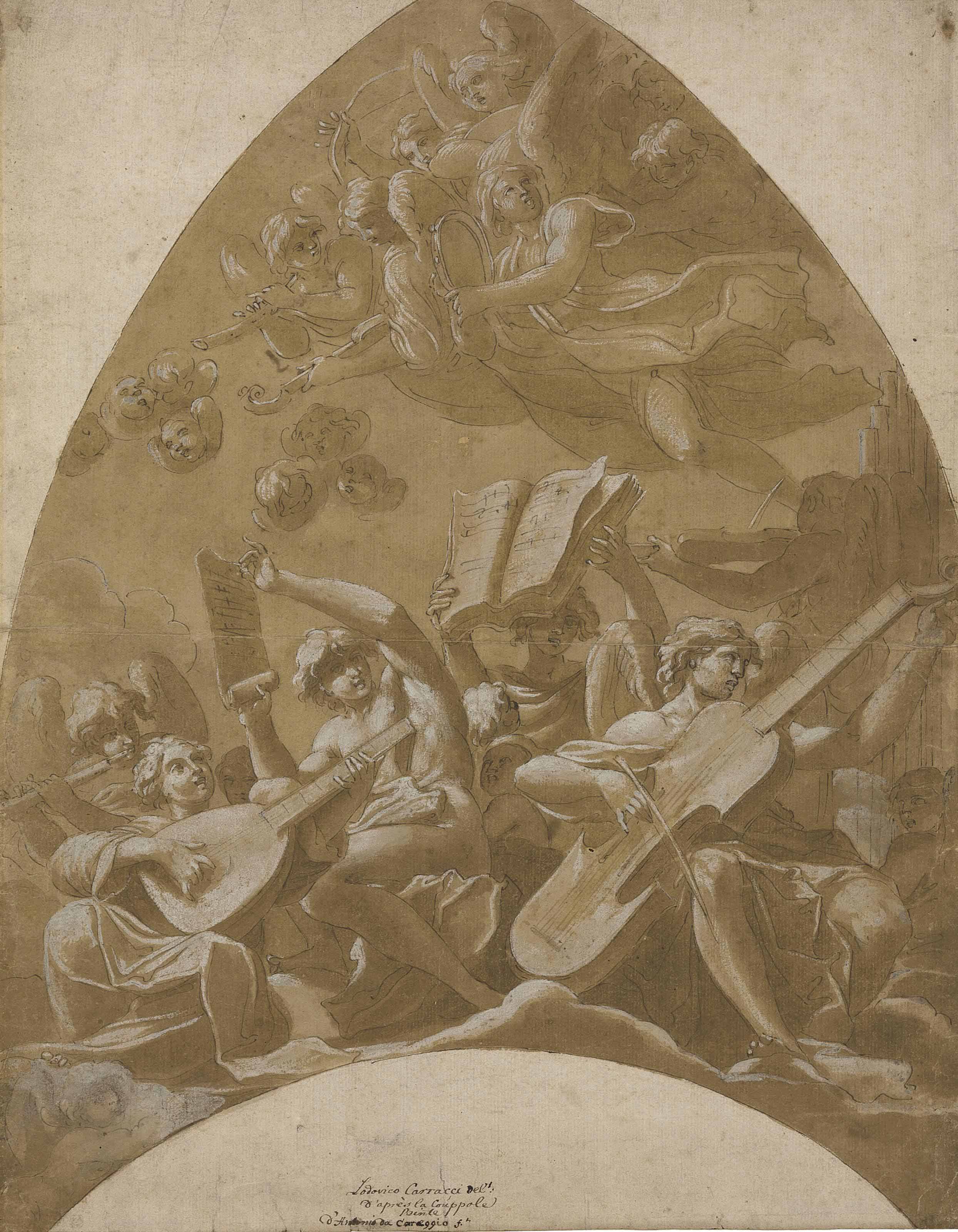 Lucio Massari Bologna 1569 1633 Angels And Putti Making Music In The Clouds Design For A