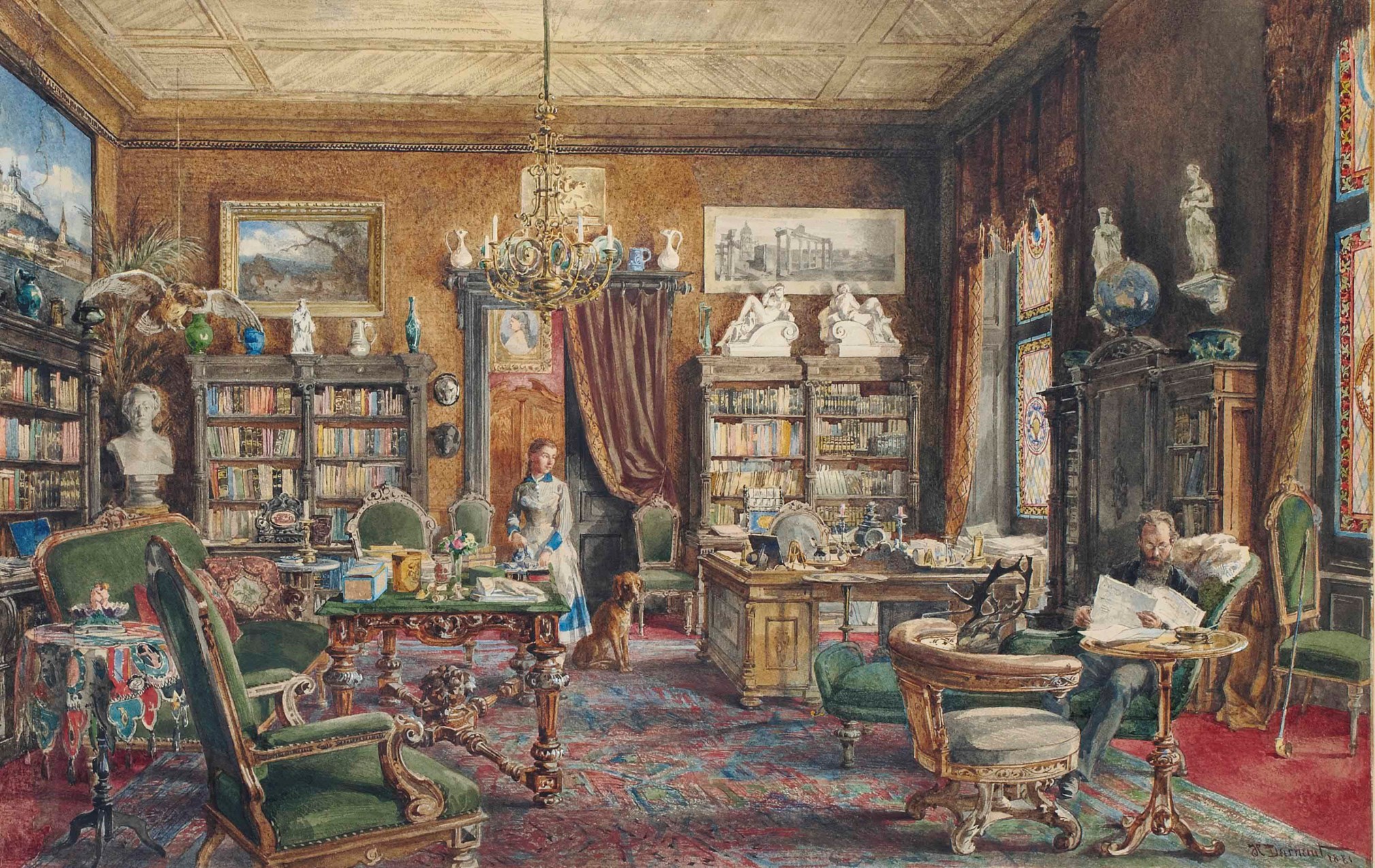 Hugo Darnaut (Dessau 1851-1937) , A gentleman and a maidservant in an ...