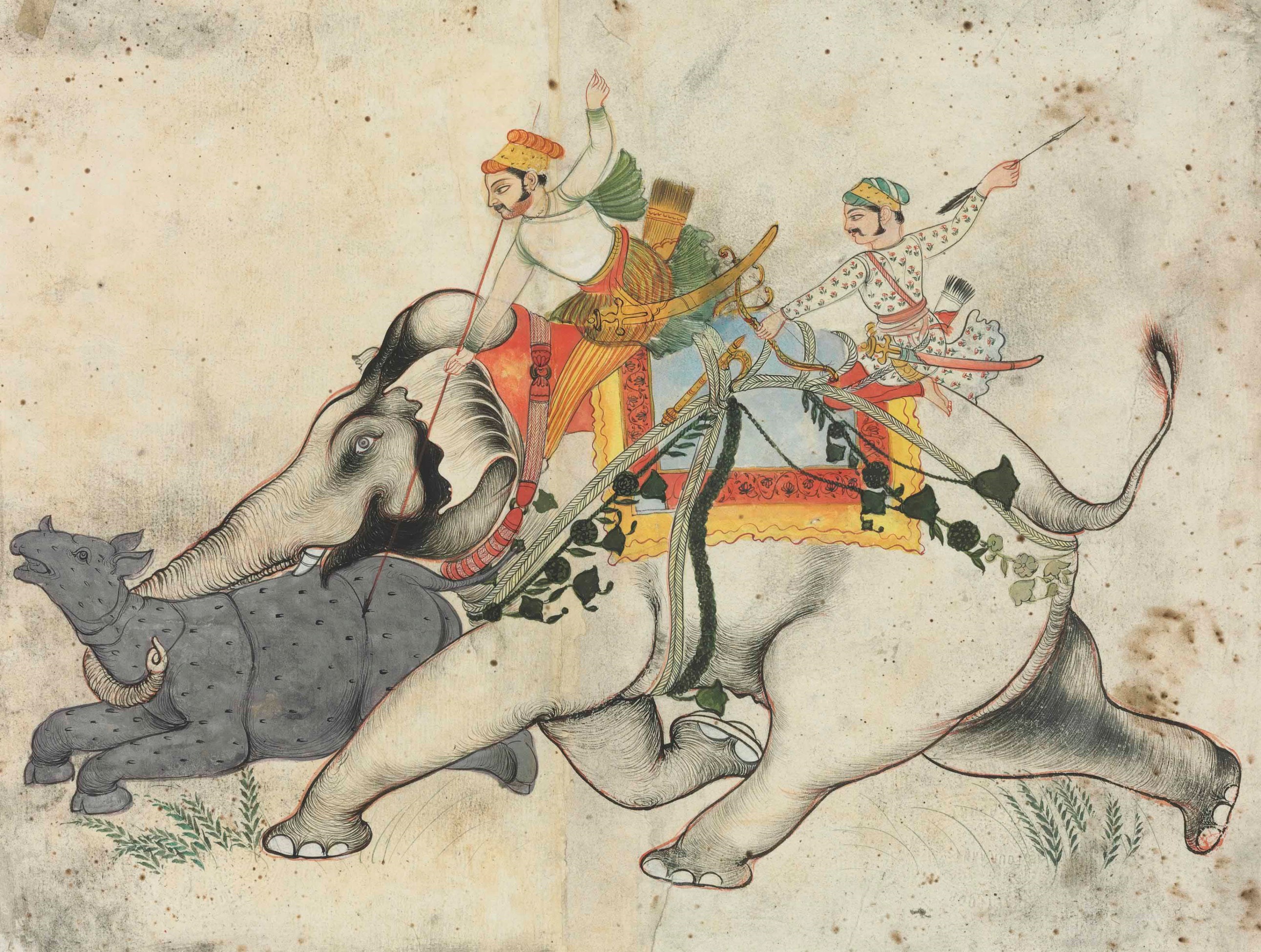 A painting of Rao Ram Singh I pursuing a rhinoceros