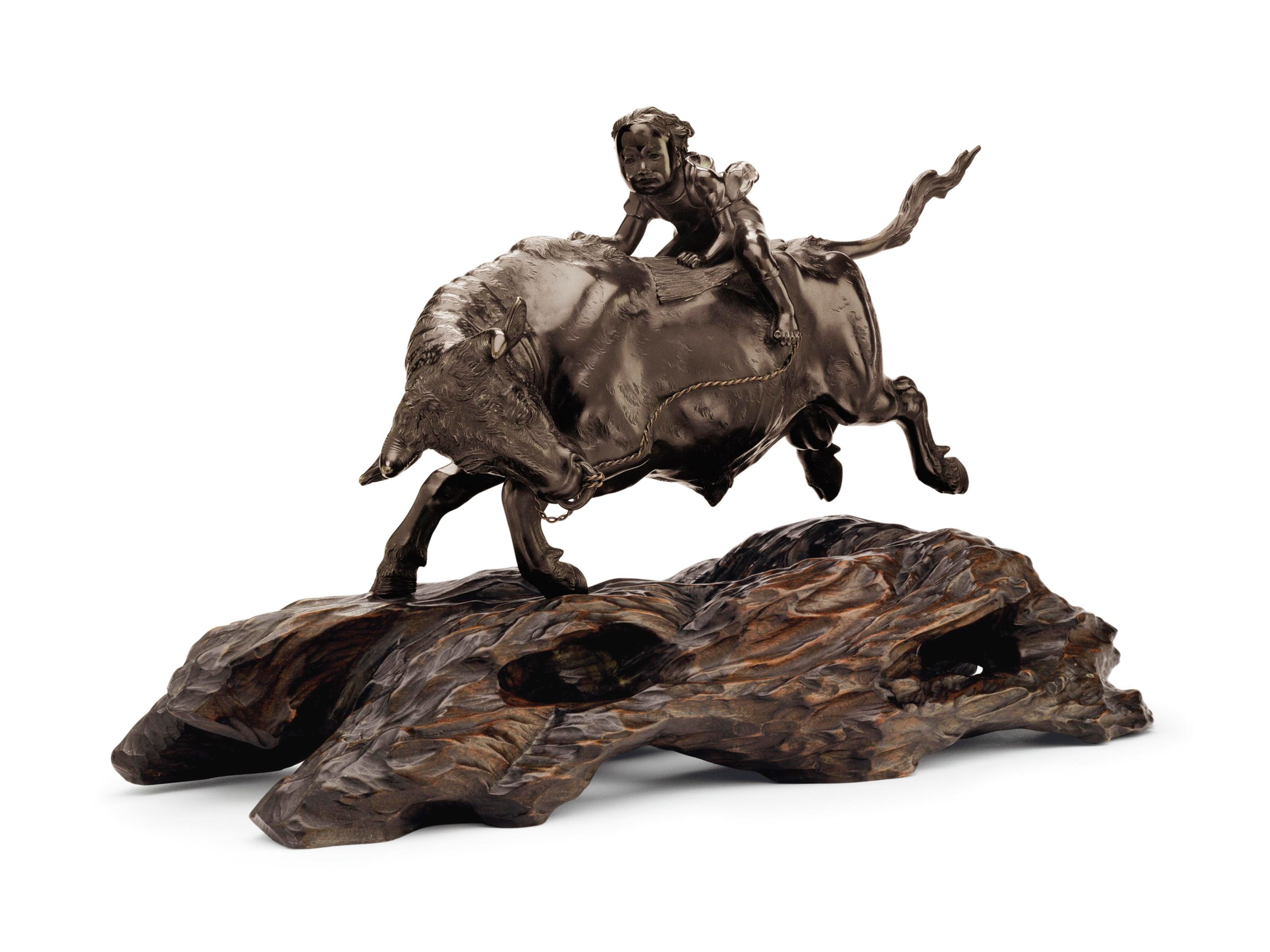 A bronze model of an oxherd riding a galloping ox , MEIJI PERIOD (LATE ...