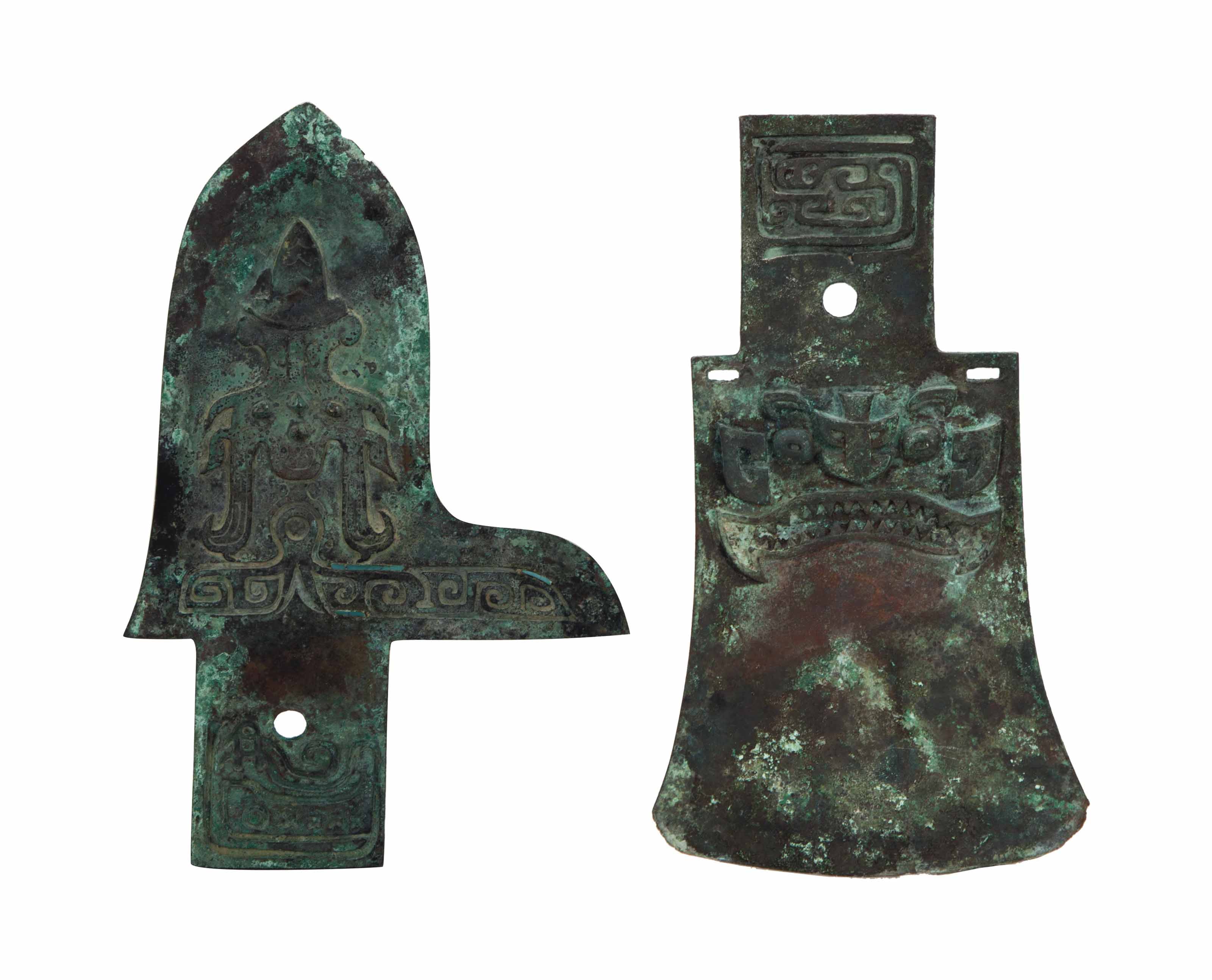 TWO CHINESE BRONZE AXES,