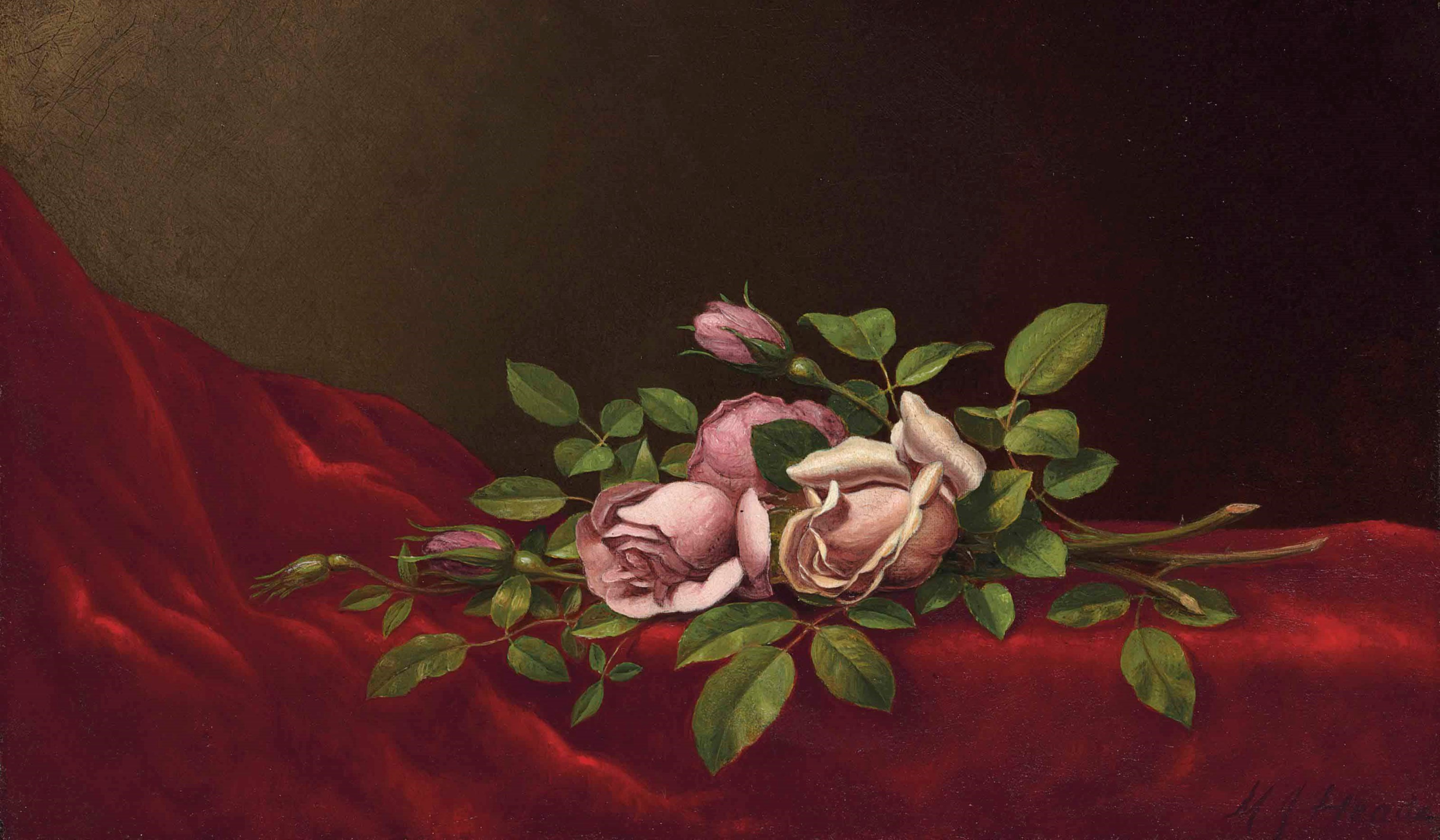 Martin Johnson Heade (1819-1904) , Pink Roses on a Red Cloth | Christie's