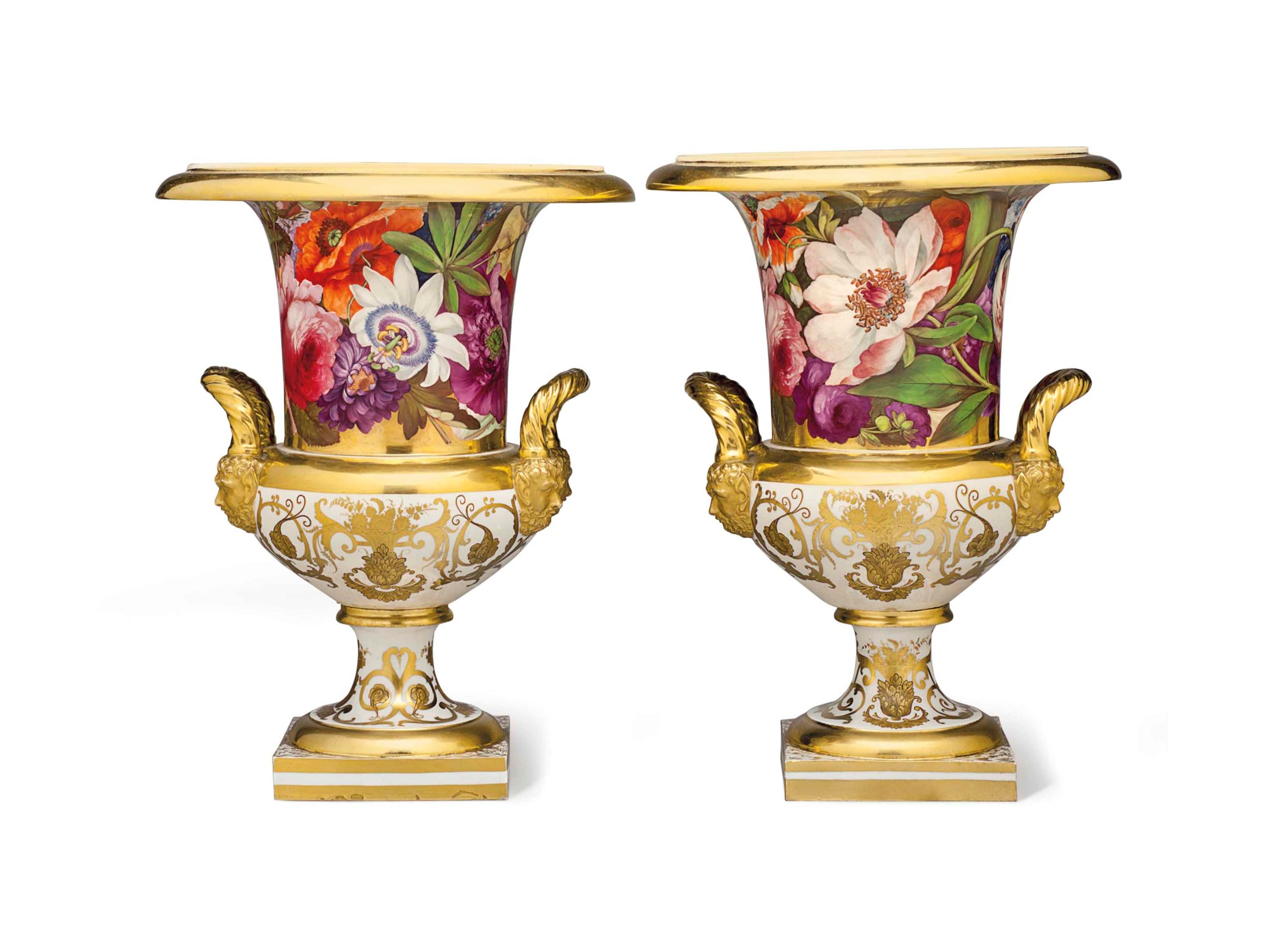 A PAIR OF ENGLISH PORCELAIN PARCEL-GILT TWO-HANDLED CAMPANA VASES ...
