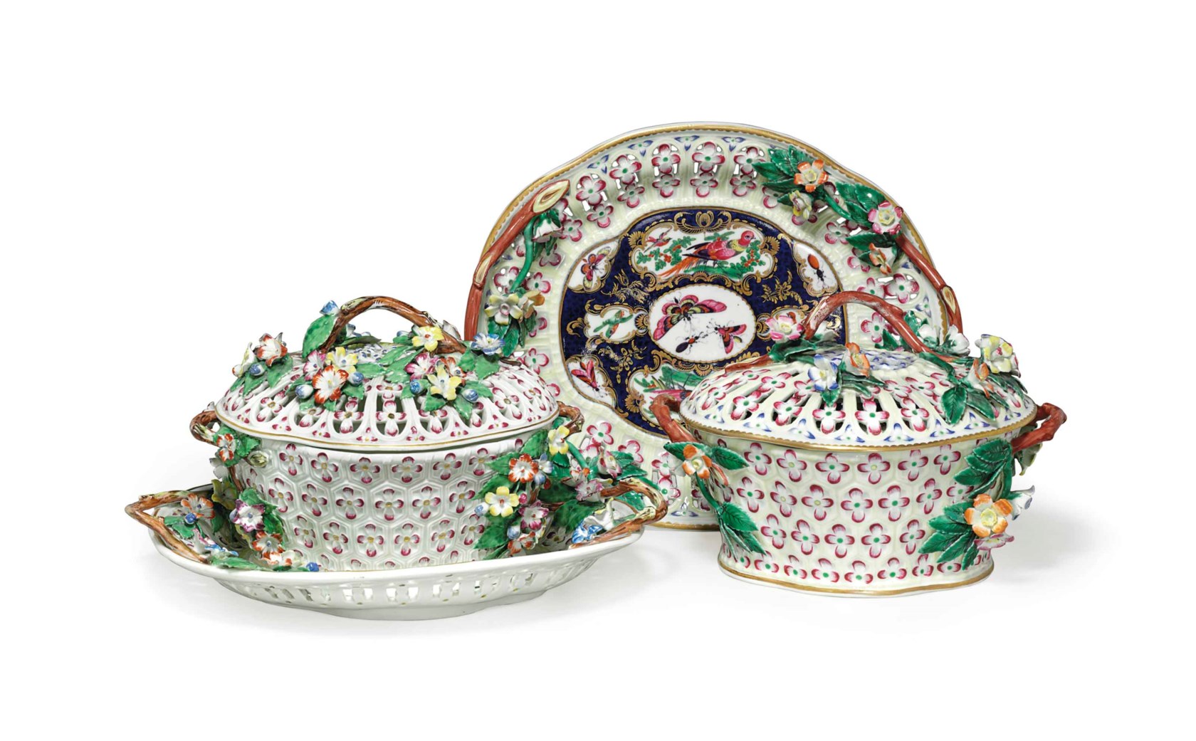 TWO WORCESTER PORCELAIN CHESTNUT BASKETS, RETICULATED COVERS AND STANDS ...