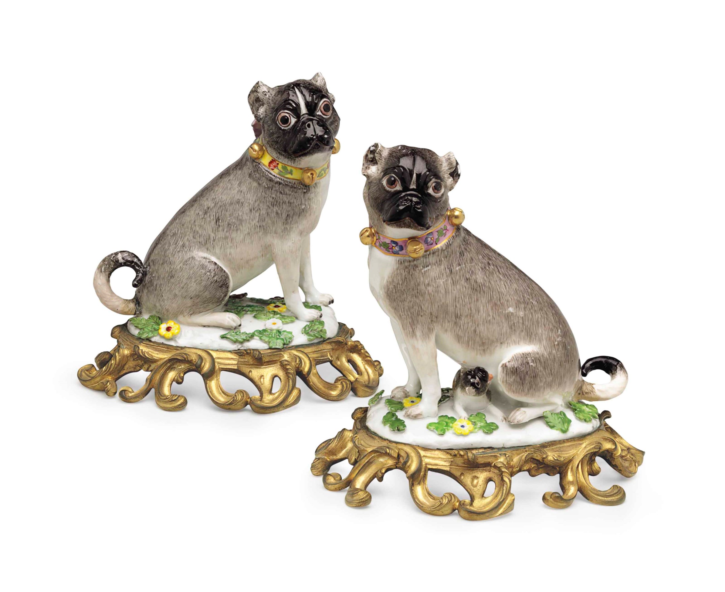 A PAIR OF LOUIS XV ORMOLU-MOUNTED MEISSEN PORCELAIN PUG DOGS ...
