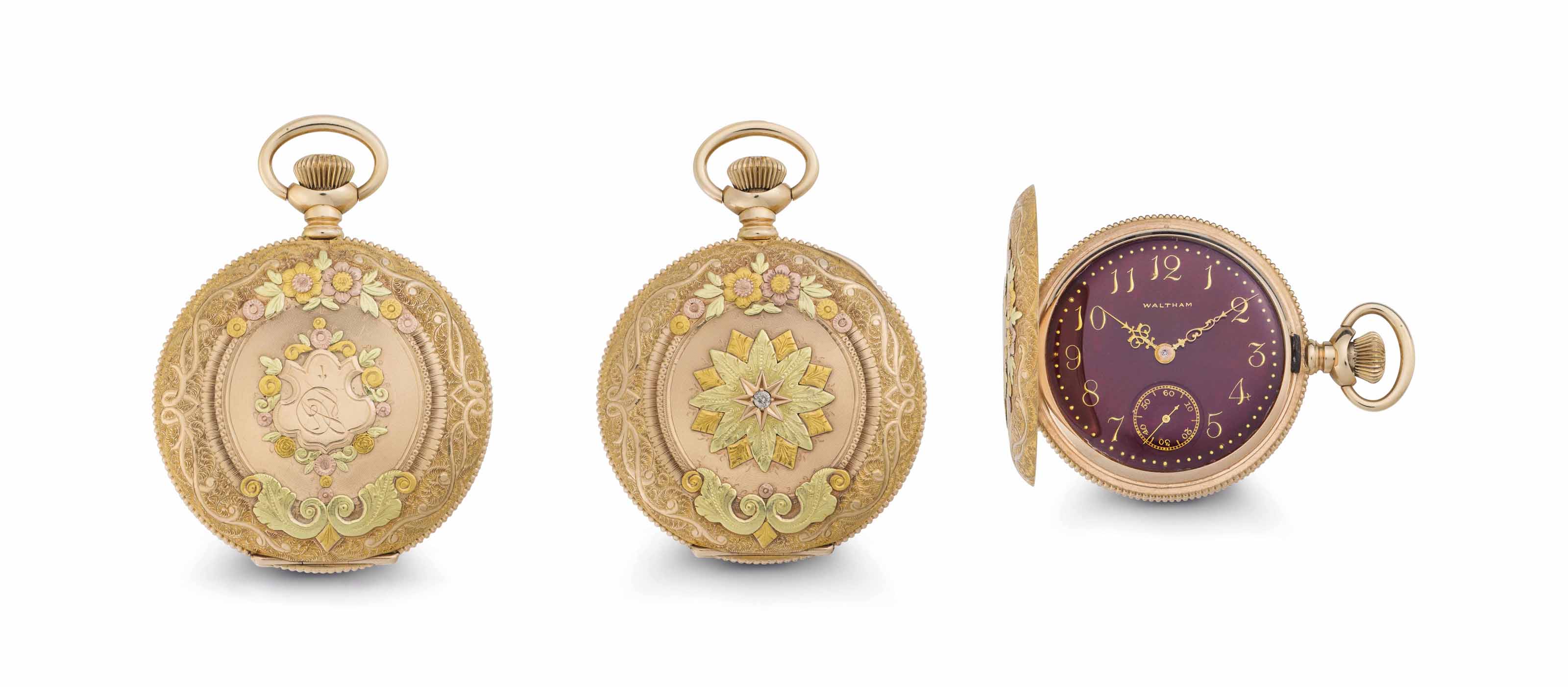Waltham. A Fine and Rare 14k Tri-Colored Gold and Diamond-set Hunter ...
