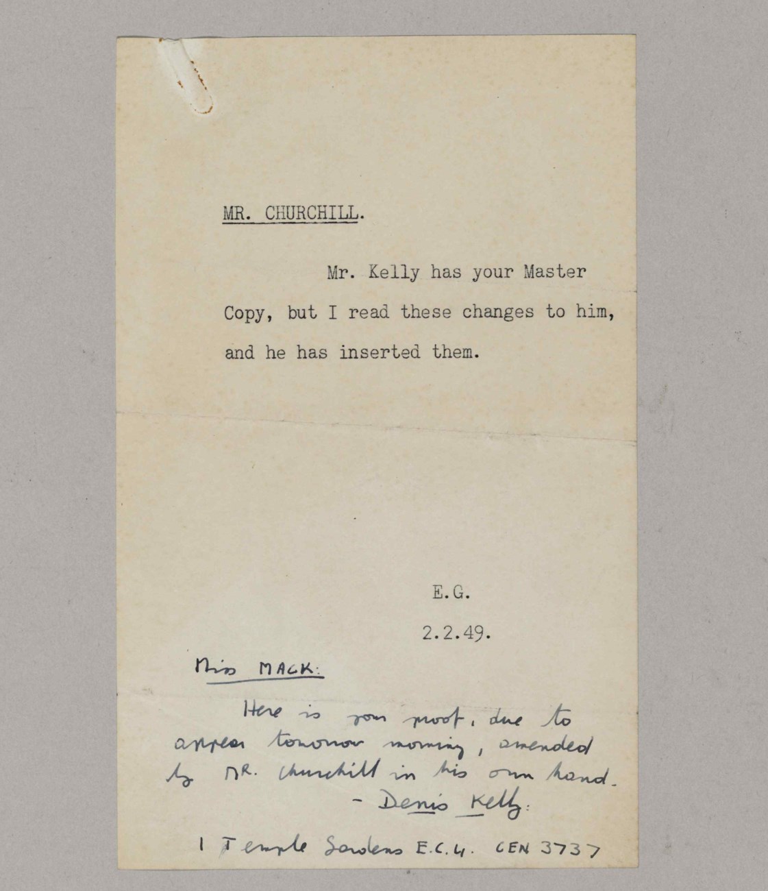 CHURCHILL, Winston S. Printed newspaper proof, "The Second World War ...