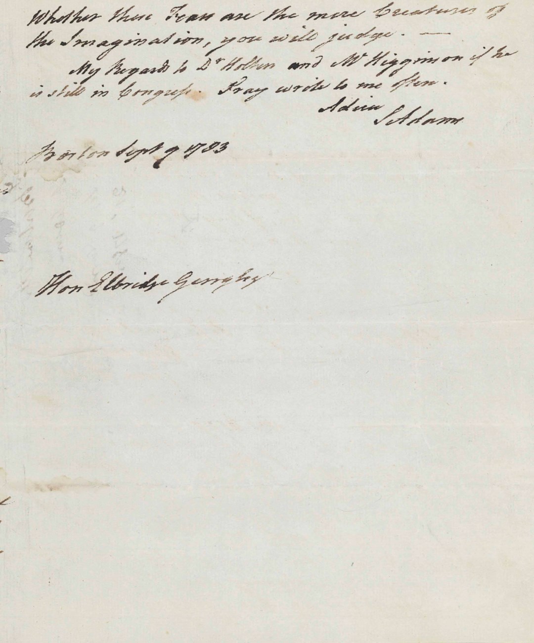 ADAMS, Samuel. Autograph letter signed ("S. Adams") TO ELBRIDGE GERRY ...