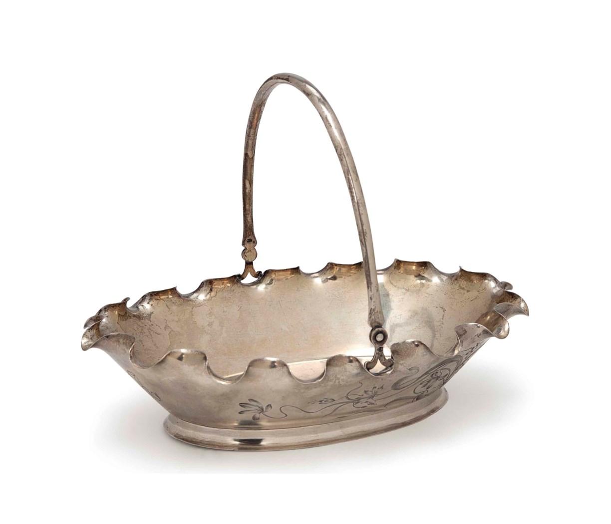 A RUSSIAN SILVER BASKET WITH SCALLOP RIM AND SWING HANDLE, , MARK OF ...