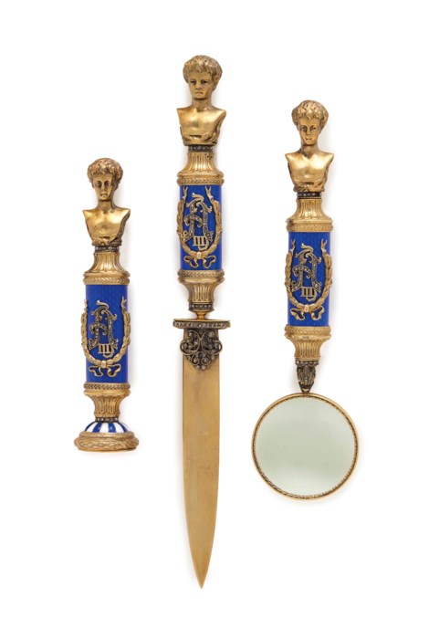 A FABERGE-STYLE SILVER AND ENAMEL DESK SET, , 20TH CENTURY, SPURIOUS ...