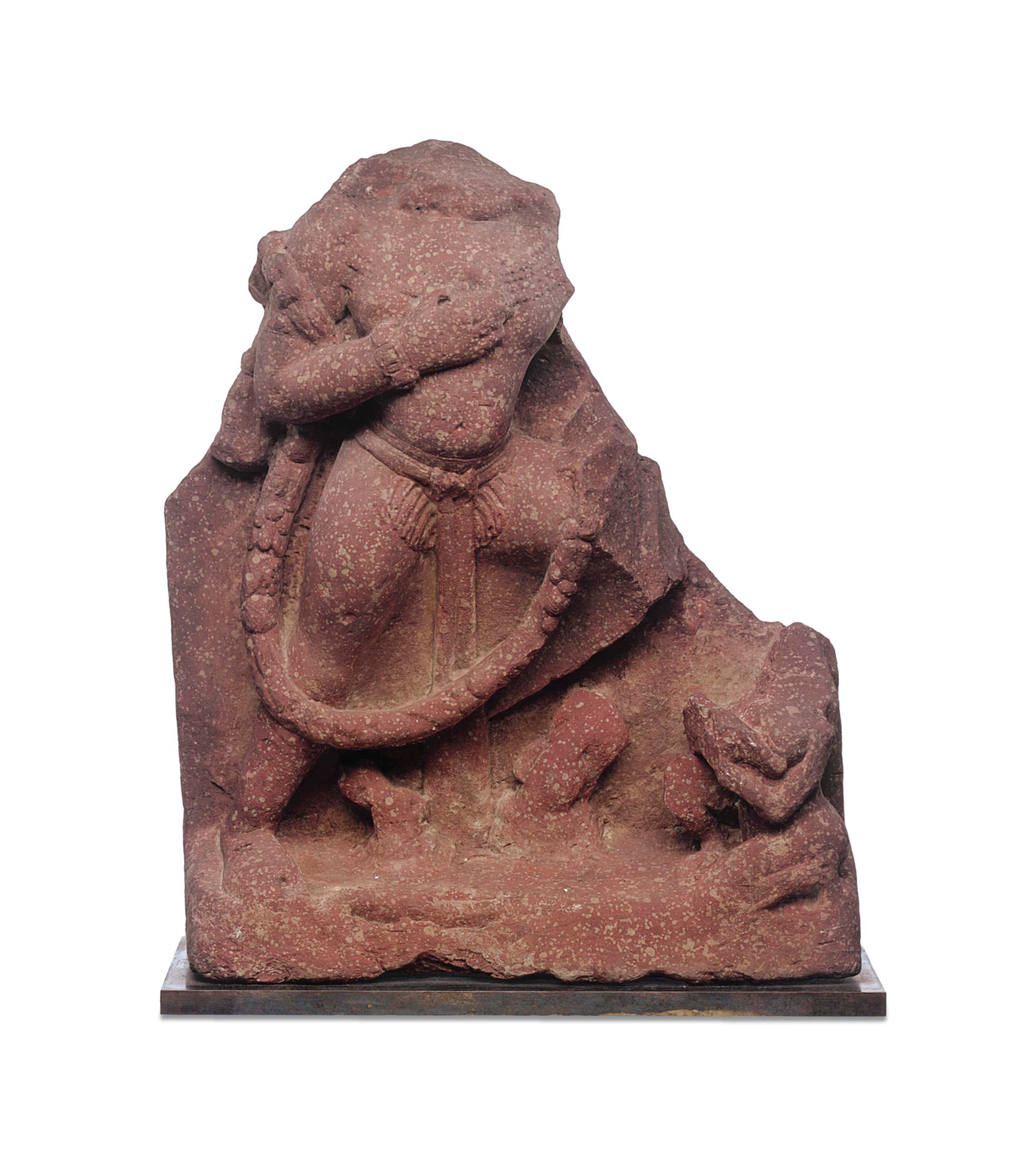 A mottled red sandstone torso of Varaha