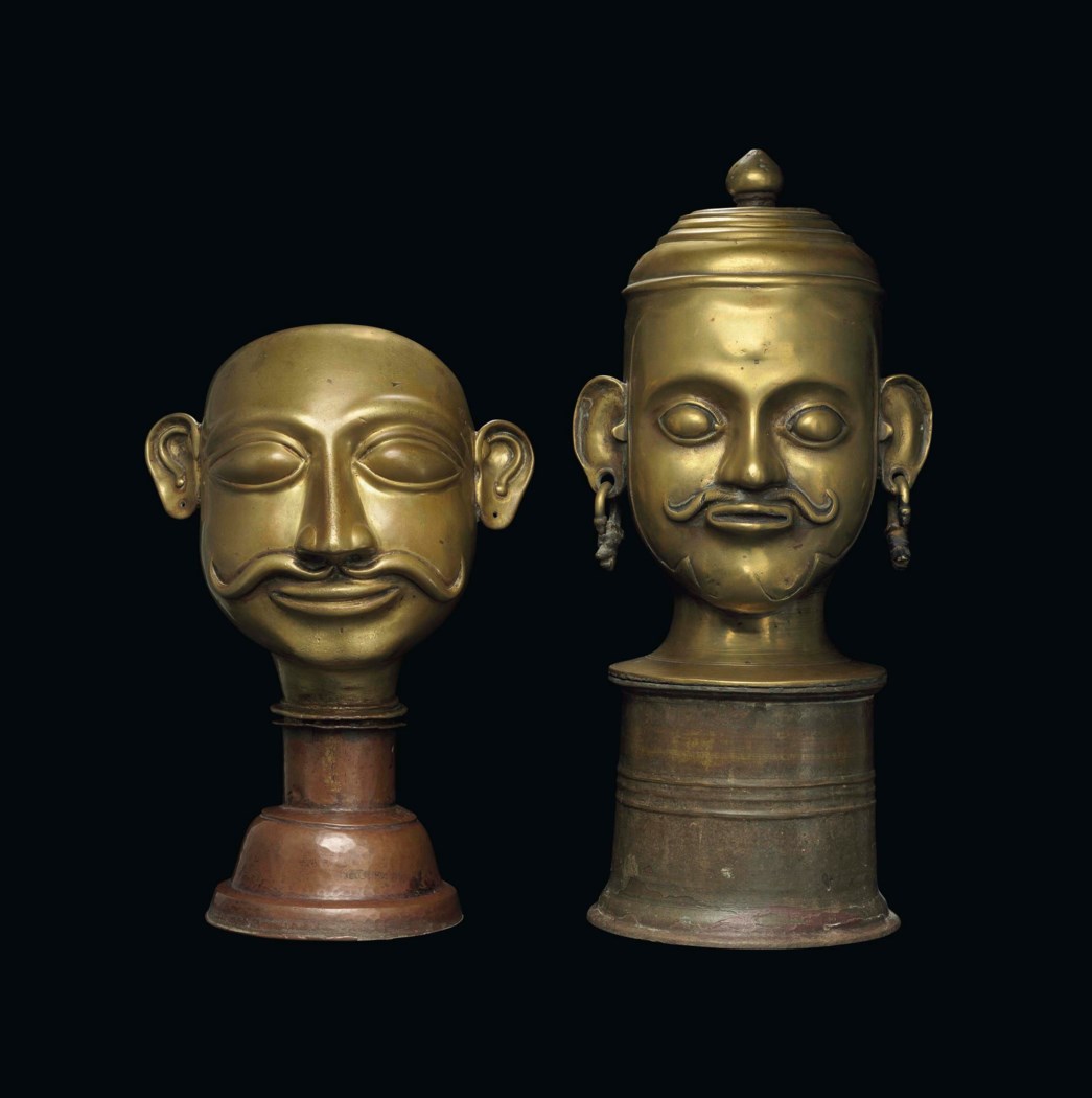 Two brass lingam covers in the forms of heads , INDIA, MAHARASHTRA ...