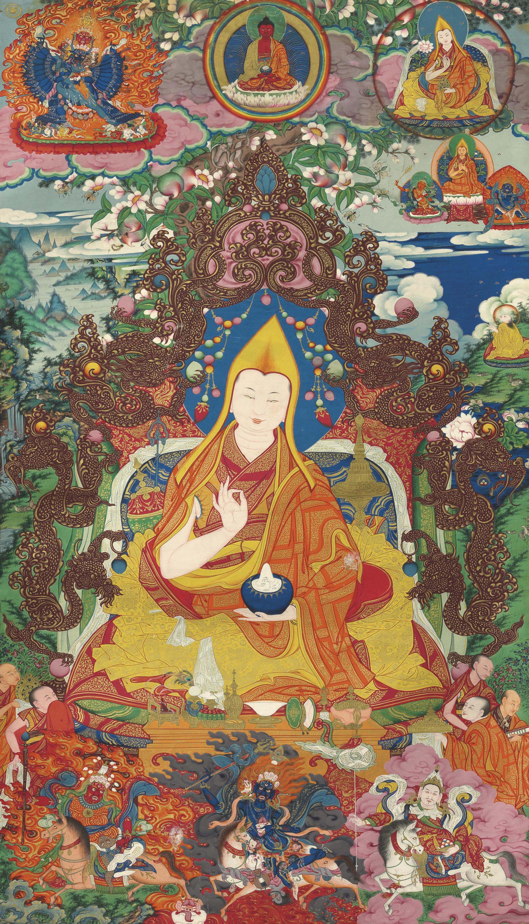 A highly important group of nine paintings of the Third Panchen Lama
