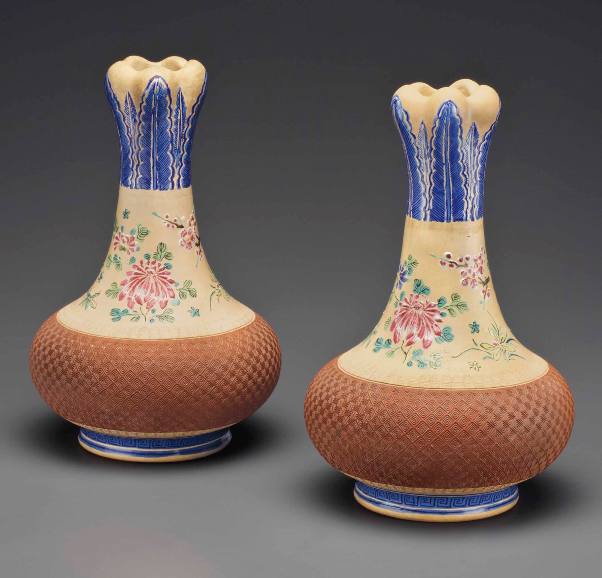 A RARE PAIR OF ENAMELED YIXING VASES , SIGNED SHEN XI, DAOGUANG PERIOD ...