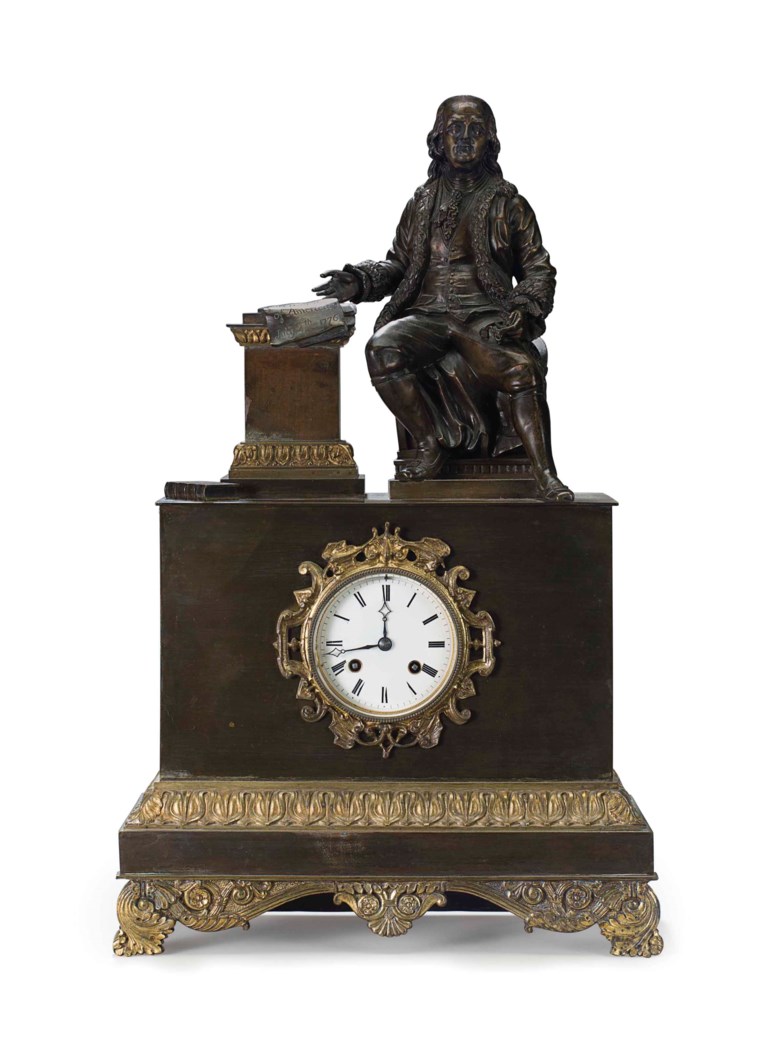 A PATINATED BRONZE AND ORMOLU MOUNTED MANTEL CLOCK WITH FIGURE OF ...