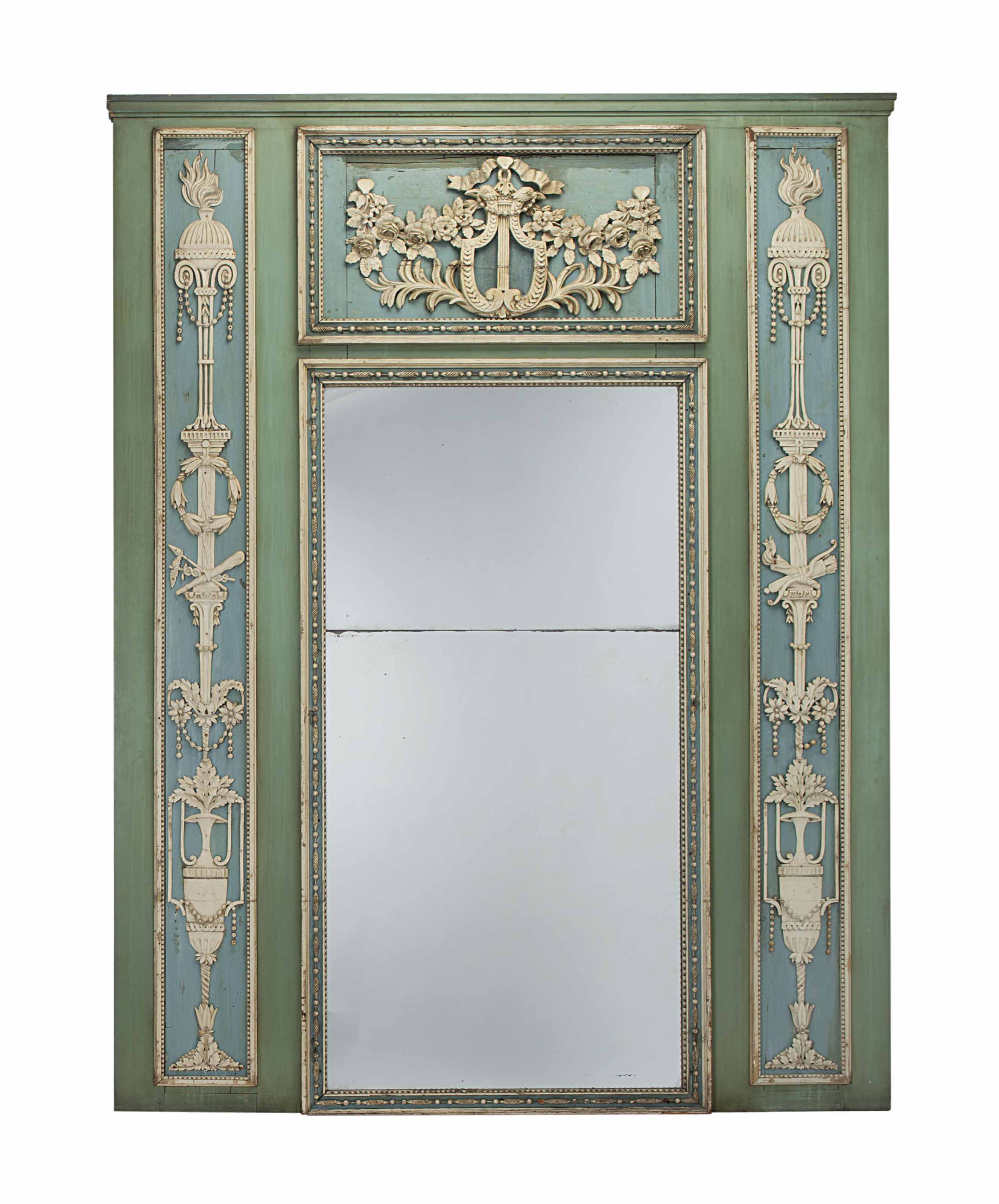 AN ITALIAN NEOCLASSICAL BLUE AND GREEN-PAINTED OVERMANTEL MIRROR,