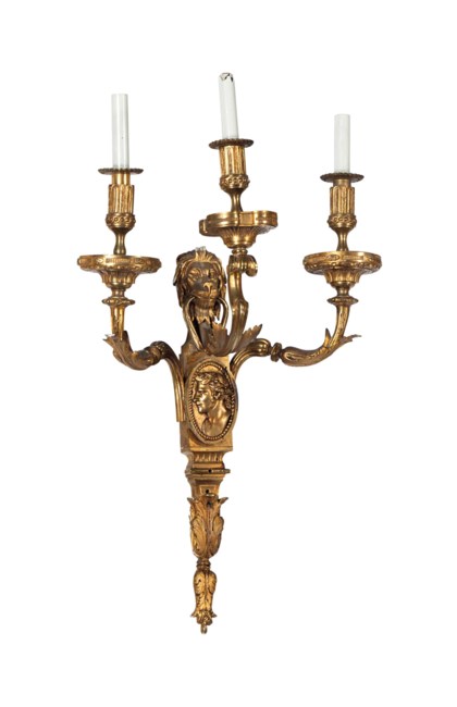 A PAIR OF NEOCLASSICAL STYLE GILT METAL THREE-LIGHT WALL LIGHTS, , 20TH ...