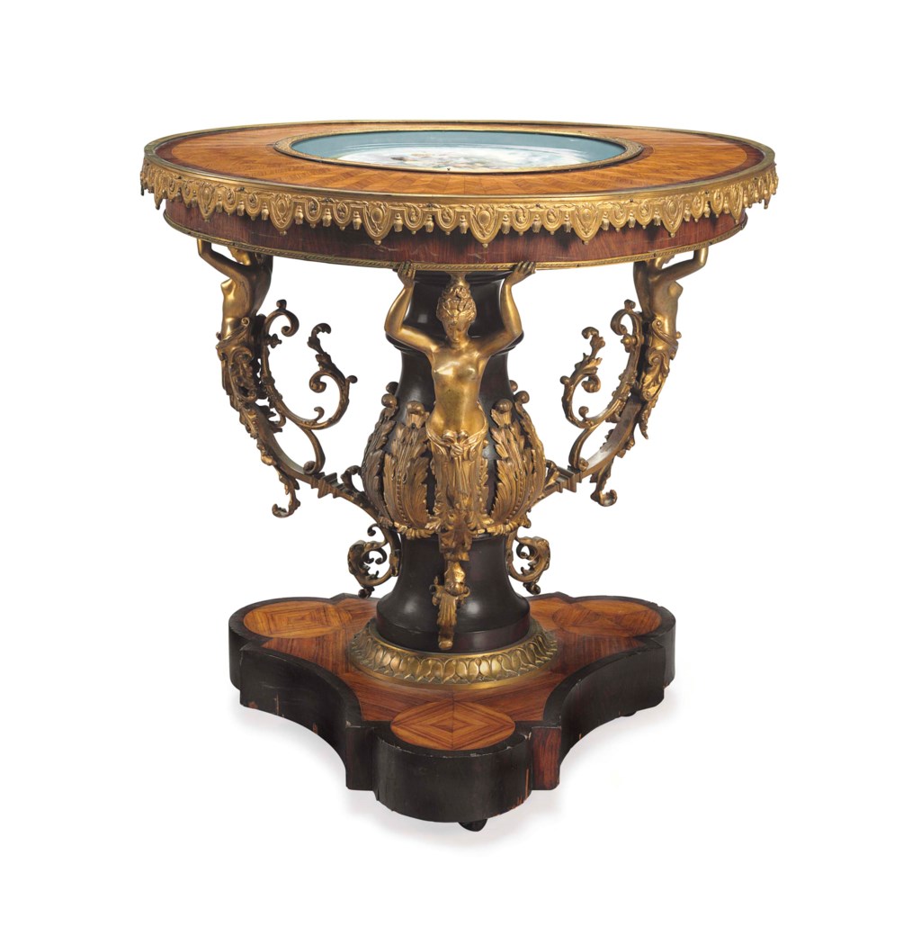 A FRENCH ORMOLU AND SEVRES STYLE PORCELAIN-MOUNTED KINGWOOD GUERIDON ...