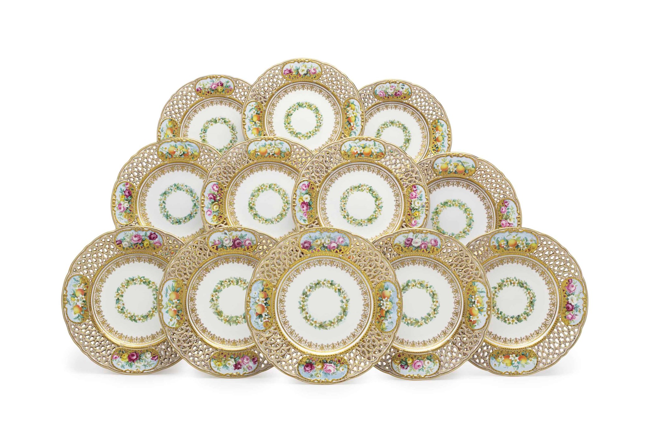 A SET OF TWELVE COPELAND SPODE PORCELAIN RETICULATED DESSERT PLATES ...