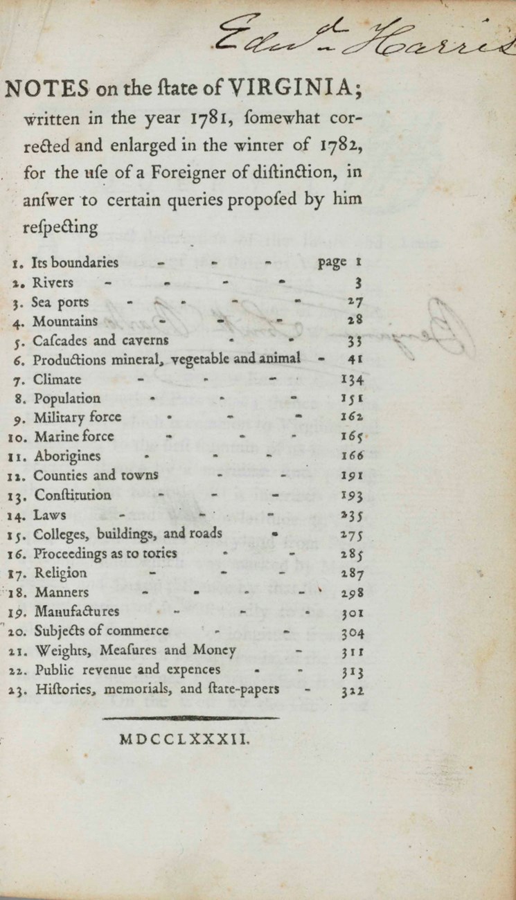 JEFFERSON, Thomas (1743-1826), President]. Notes on the State of ...