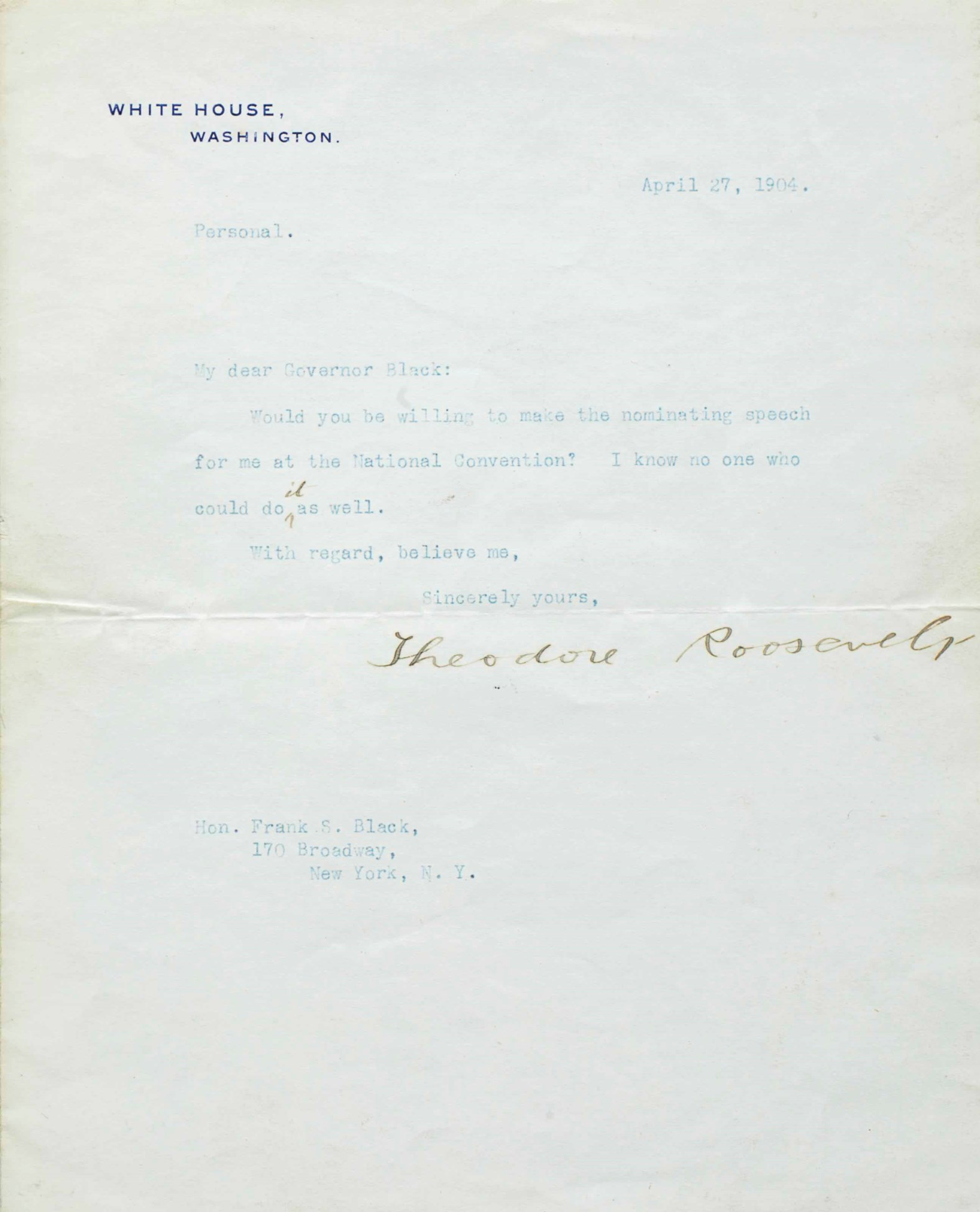 ROOSEVELT, Theodore. Typed letter signed ("Theodore Roosevelt") as ...