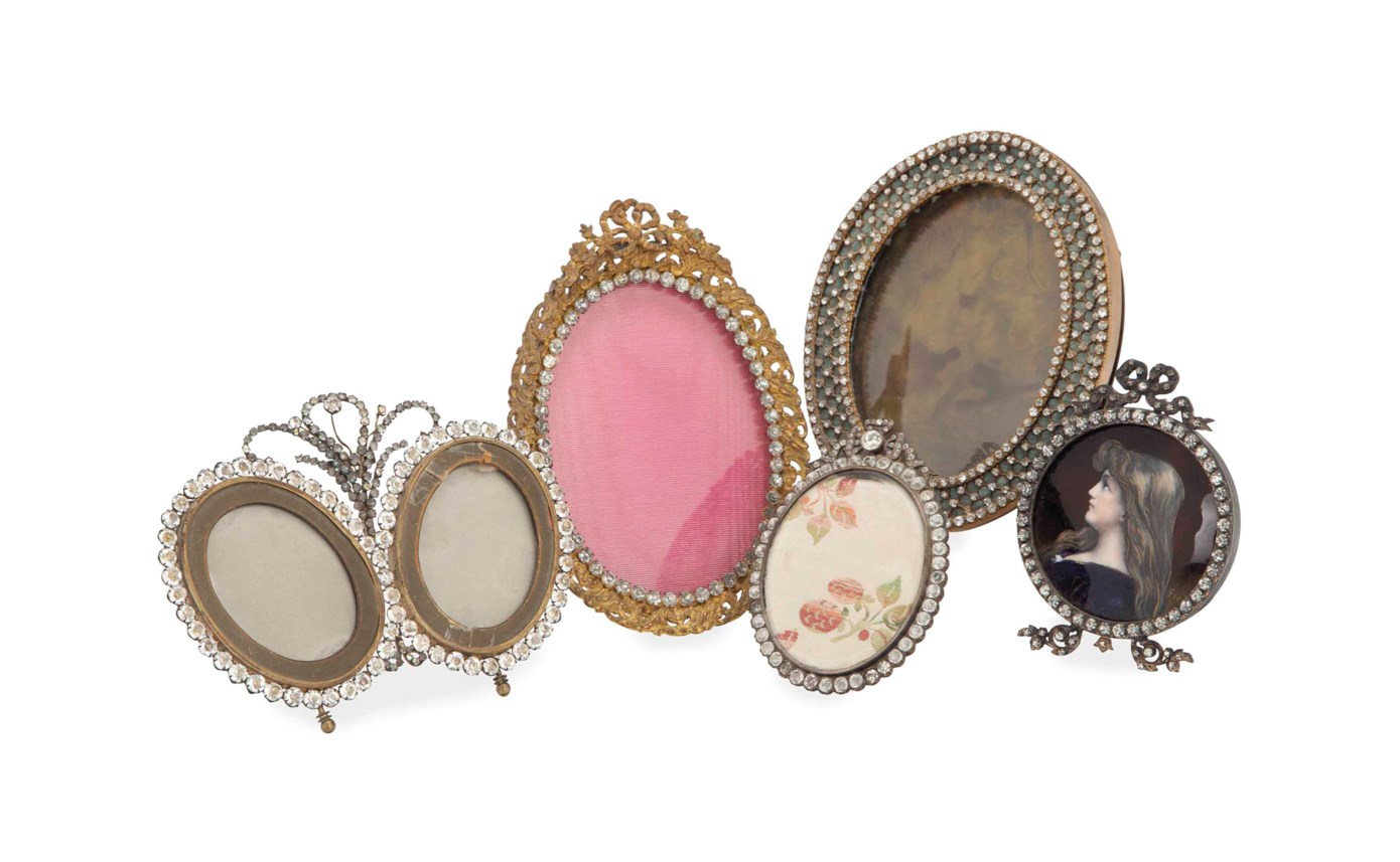 FIVE FRENCH GILT METAL AND HARDSTONE INSET TABLE PICTURE FRAMES, , 19TH ...