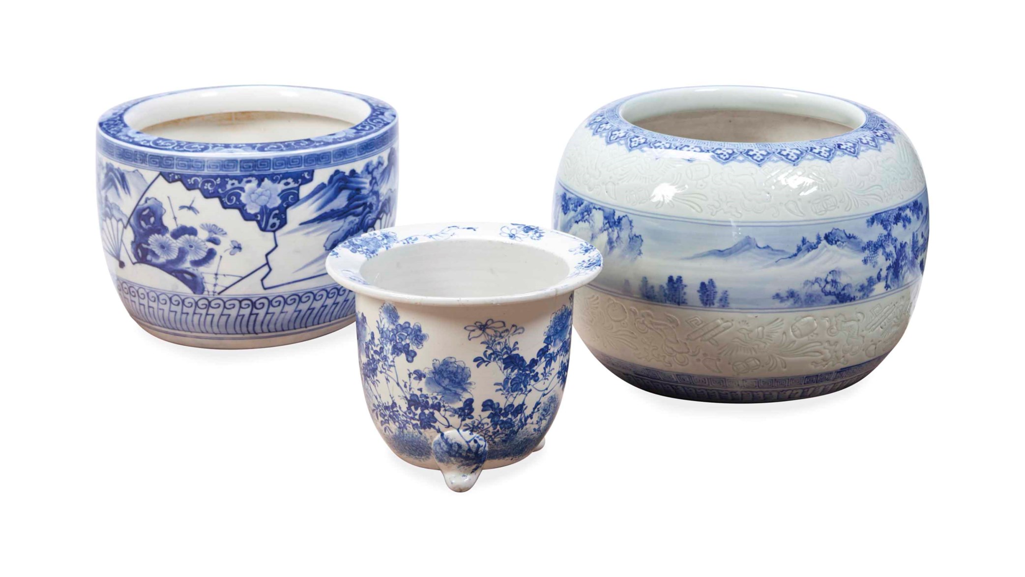 TWO JAPANESE LARGE BLUE AND WHITE PORCELAIN PLANTERS, AND A HIBACHI ...