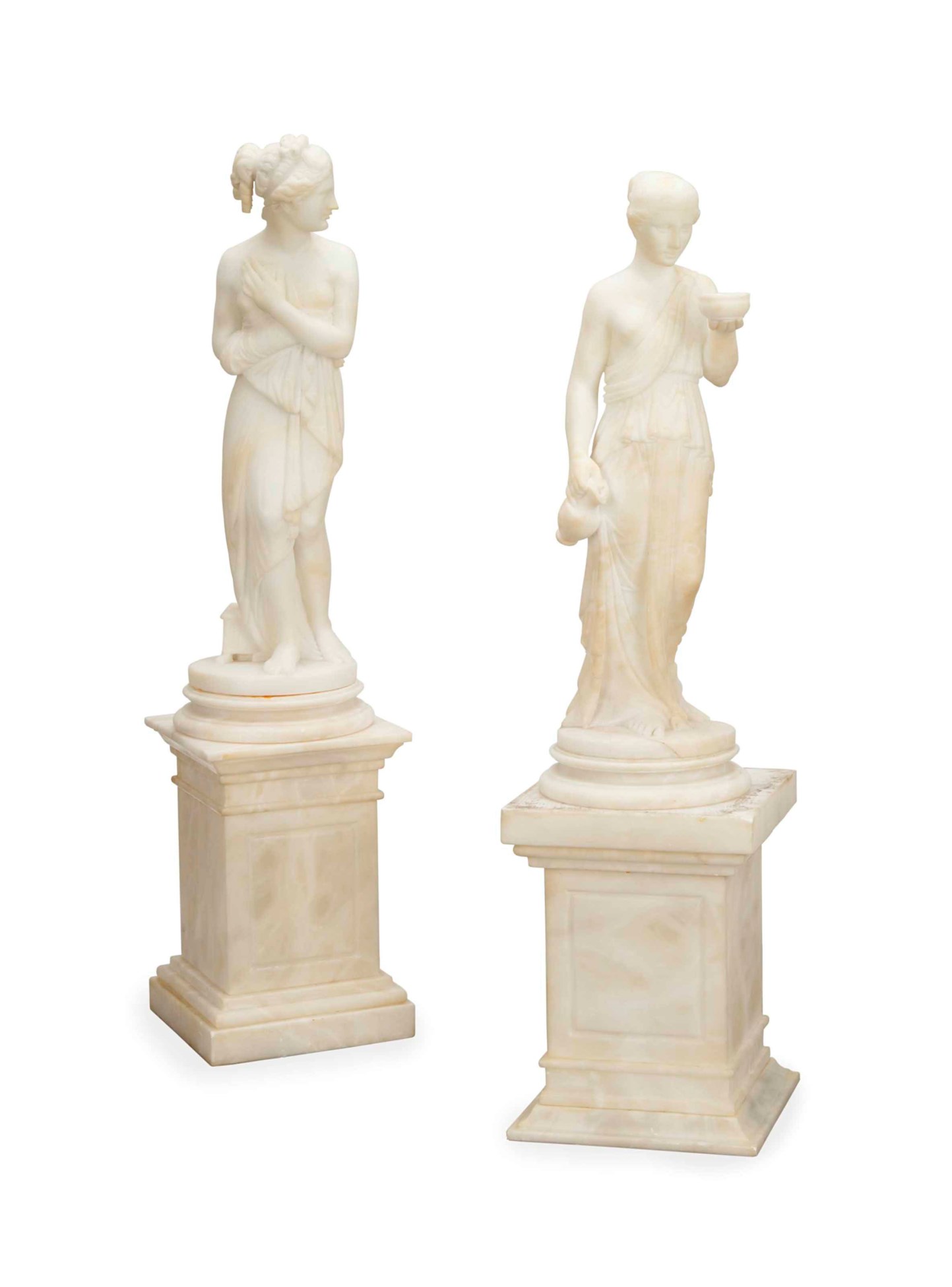A PAIR OF CARVED ALABASTER FIGURES OF MAIDENS ON PLINTHS, , 20TH ...