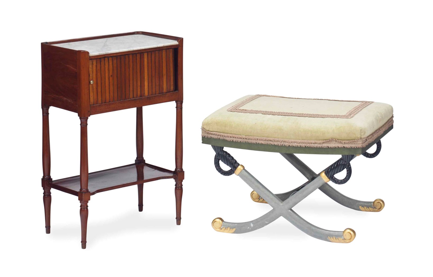 A PAIR OF MODERN POLYCHROME-PAINTED BENCHES, AND A FRUITWOOD MARBLE-TOP ...