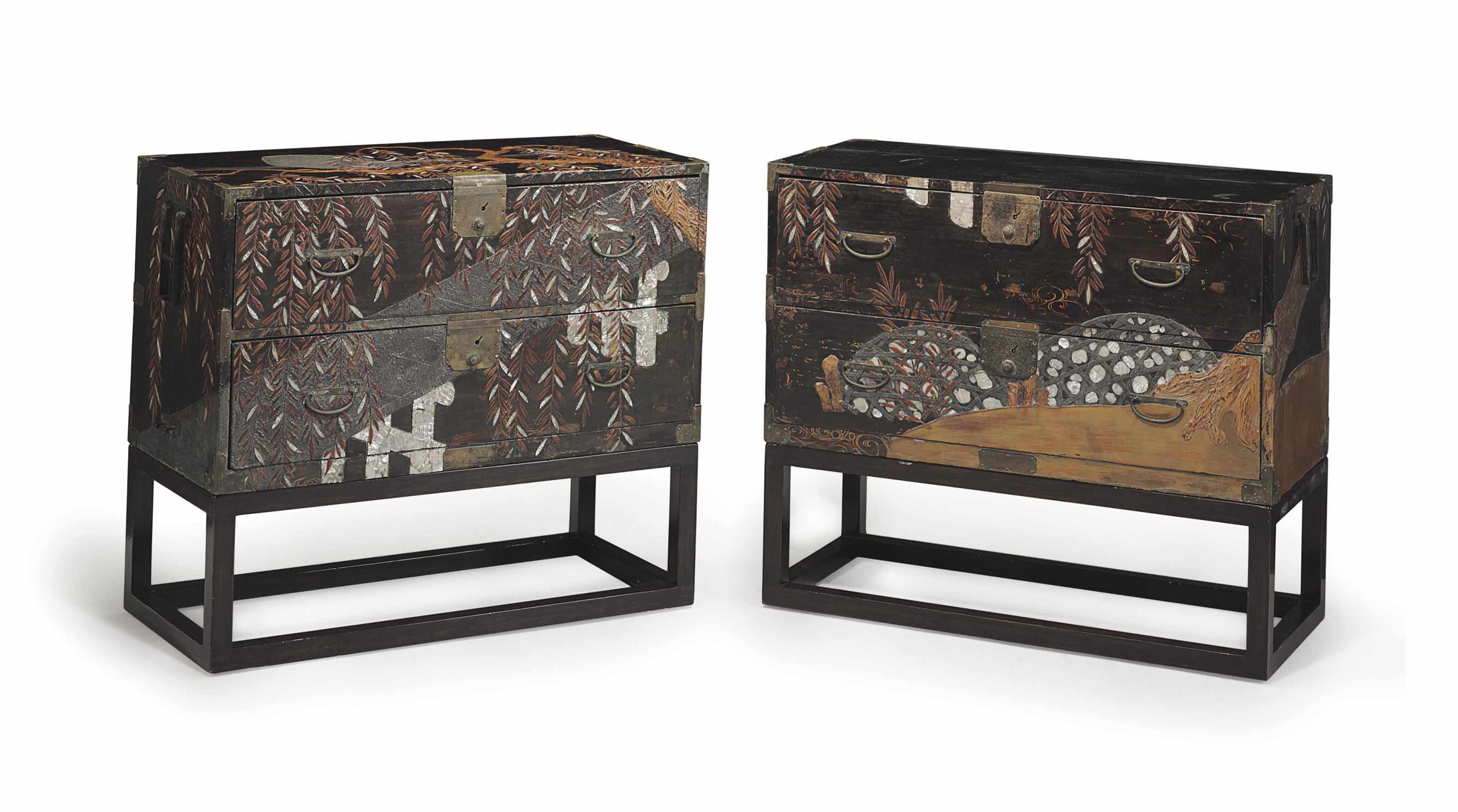 A PAIR OF JAPANESE METAL-MOUNTED, MOTHER-OF-PEARL INLAID LACQUER CHESTS