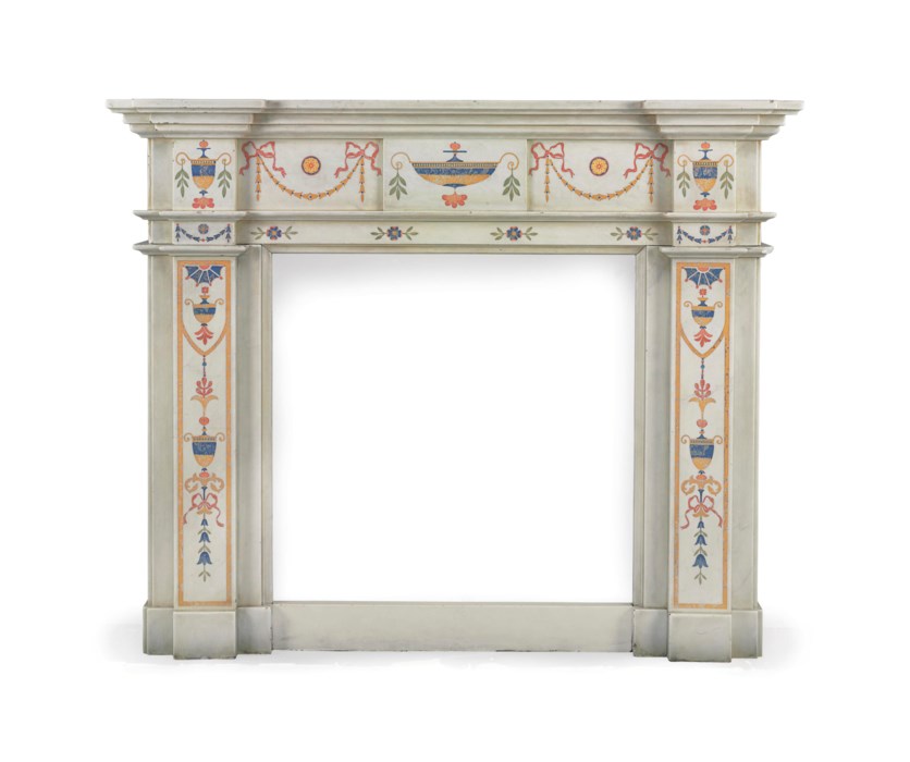 A SCAGLIOLA-INLAID WHITE MARBLE CHIMNEYPIECE , IN THE MANNER OF PIETRO ...