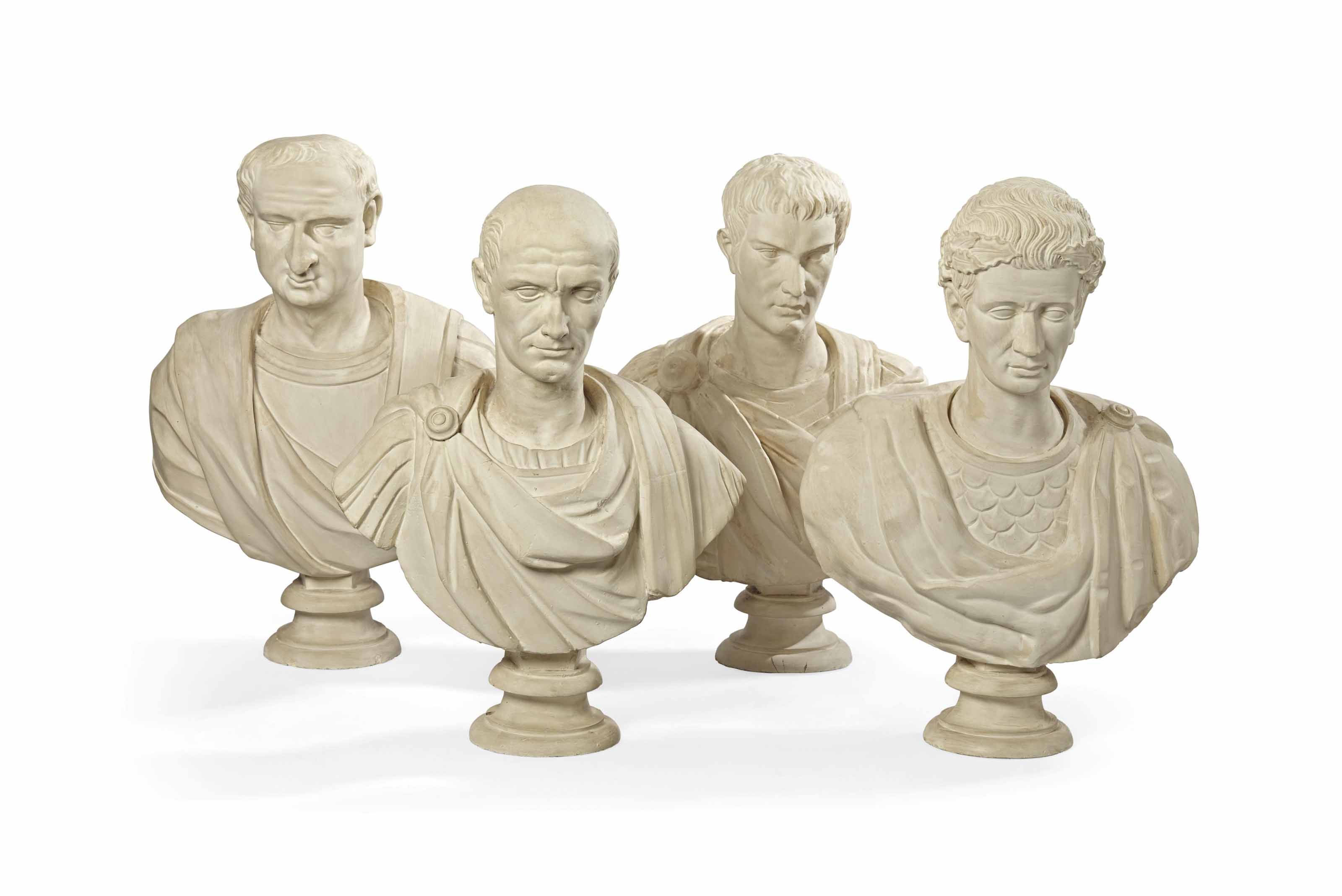 QUATRE BUSTES EN PLATRE REPRESENTANT DES EMPEREURS ROMAINS