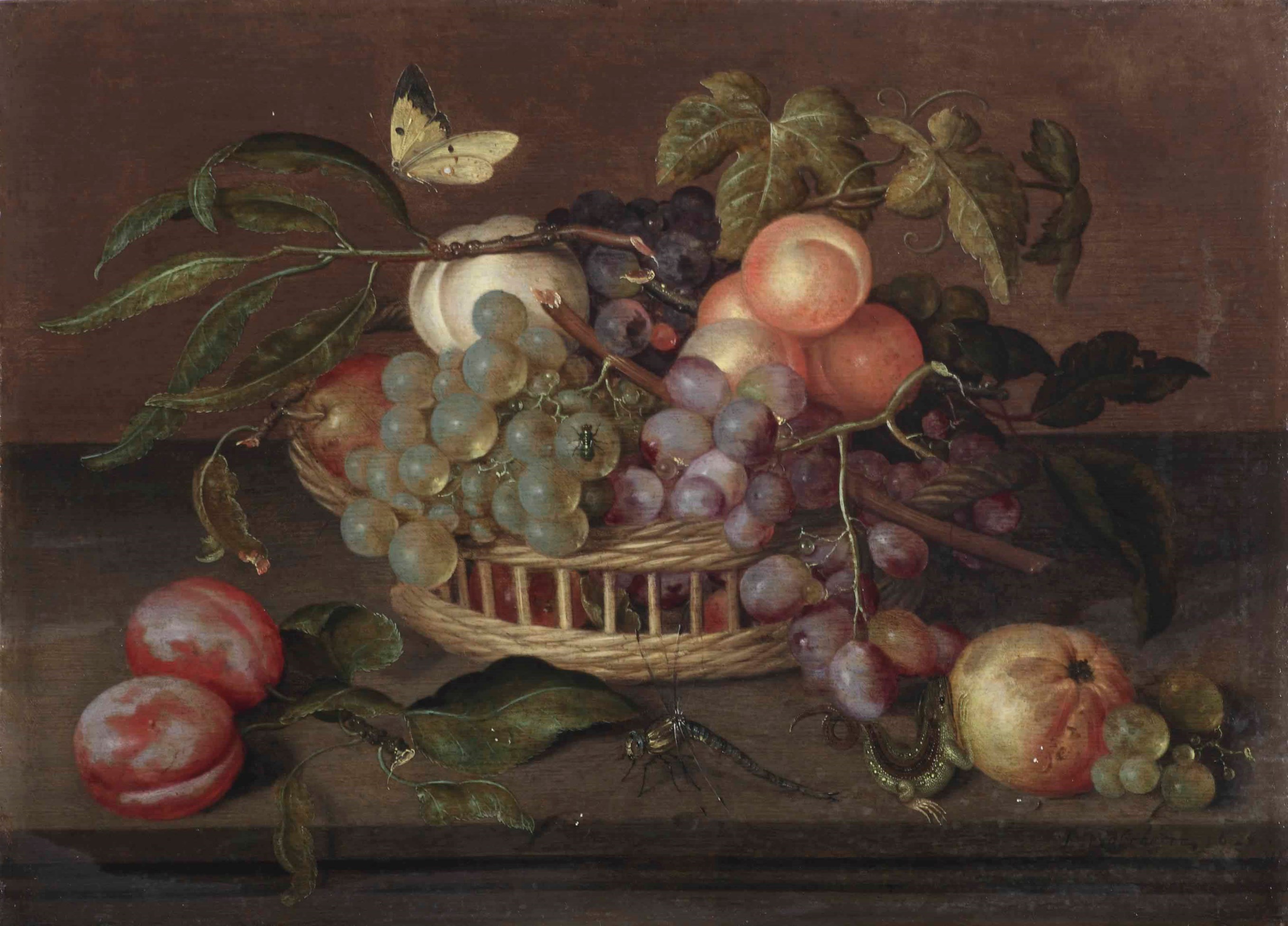 Johannes Bosschaert (Middelburg 1606-1629 Dordrecht) , A wicker basket ...
