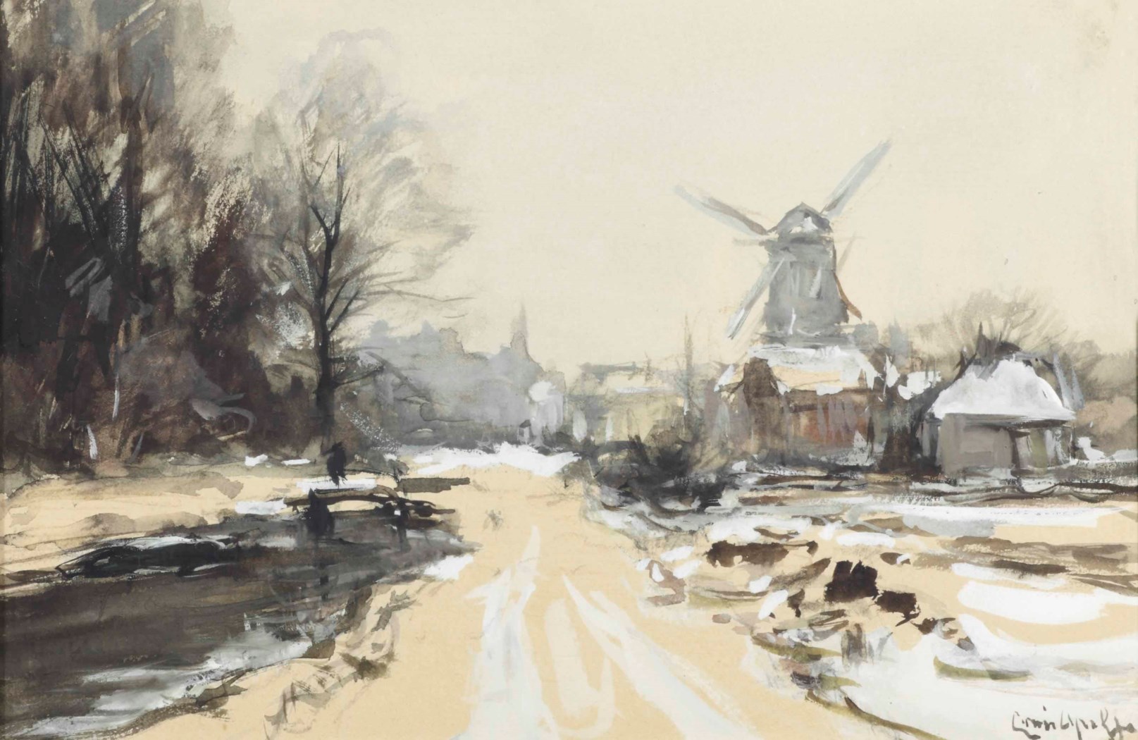 Louis Apol (The Hague 1850-1936) , A path along a canal in winter ...