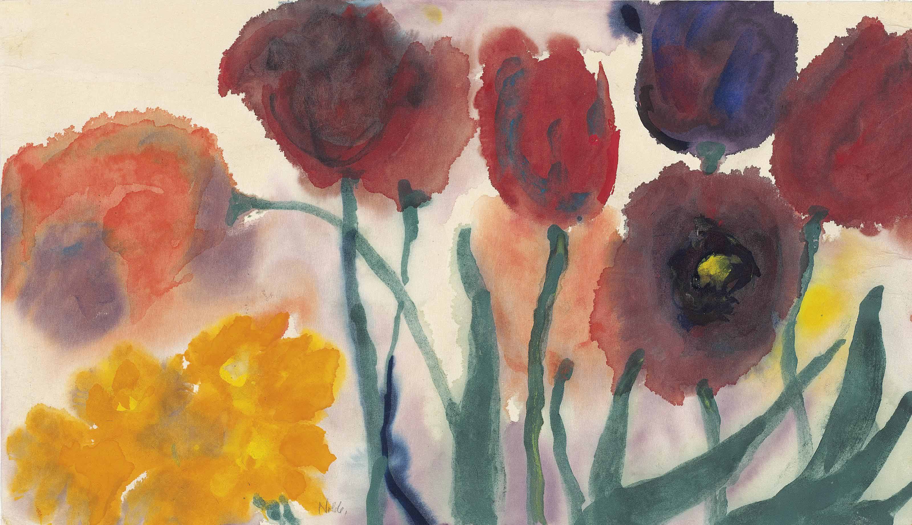 Emil Nolde (1867-1956) , Blumen-Aquarell mit Tulpen und Narzissen ...