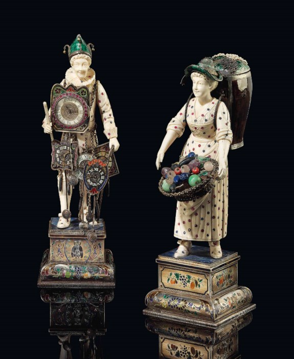A PAIR OF ENAMELLED SILVER-MOUNTED ‘JEWELLED’ IVORY FIGURES , GERMAN OR ...